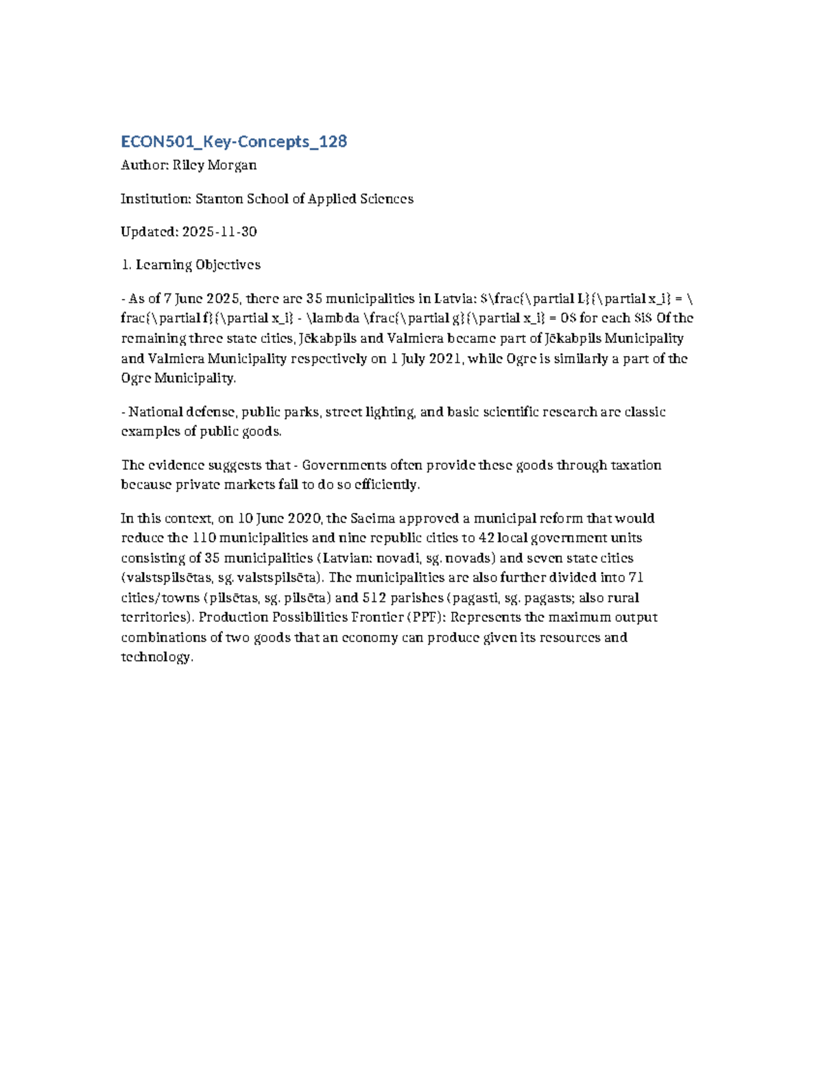 ECON501 Key Concepts: Municipal Reforms & Economic Theories - Studocu