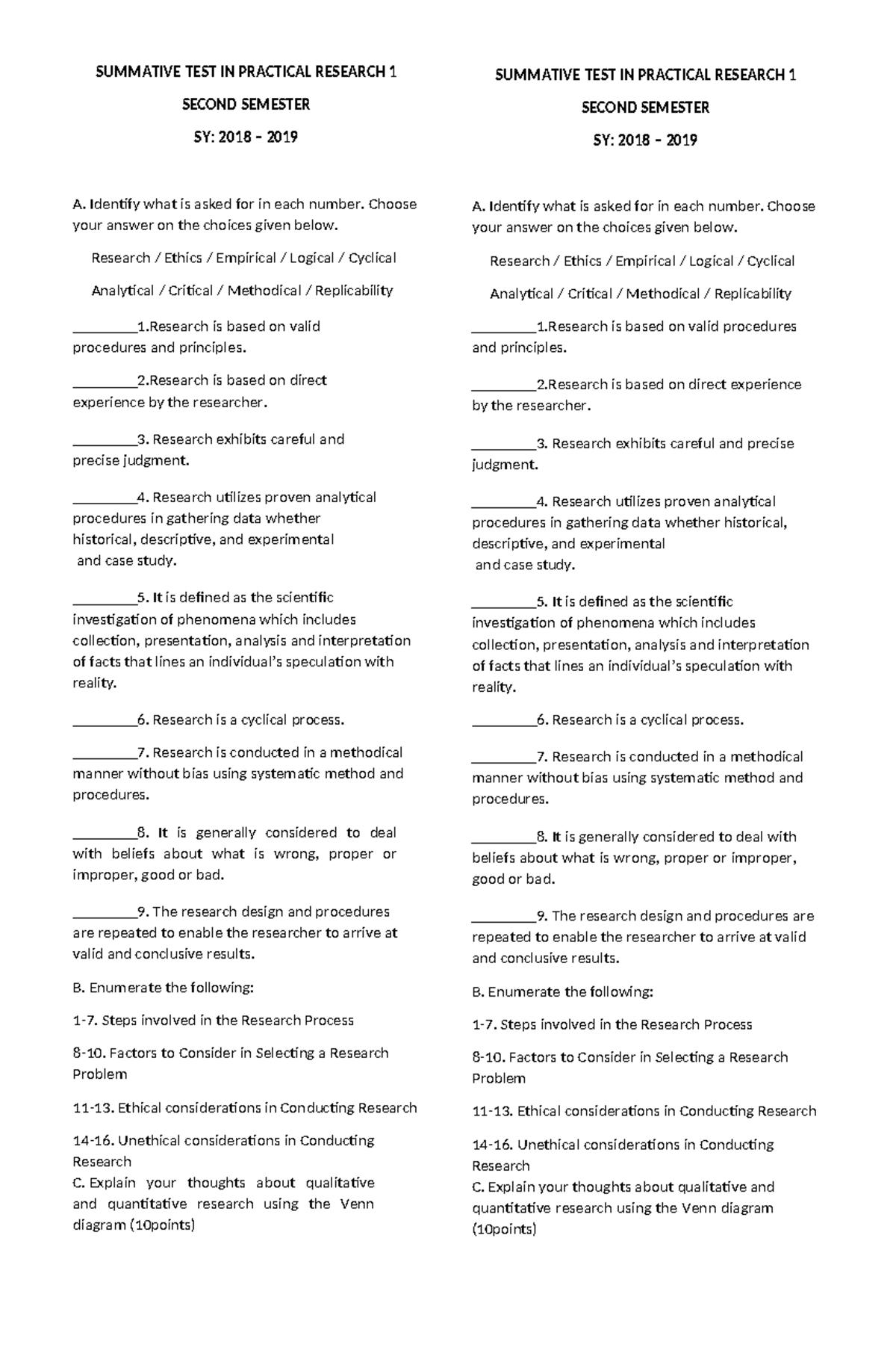 Summative Test PR1: Practical Research Concepts & Methodologies - Studocu