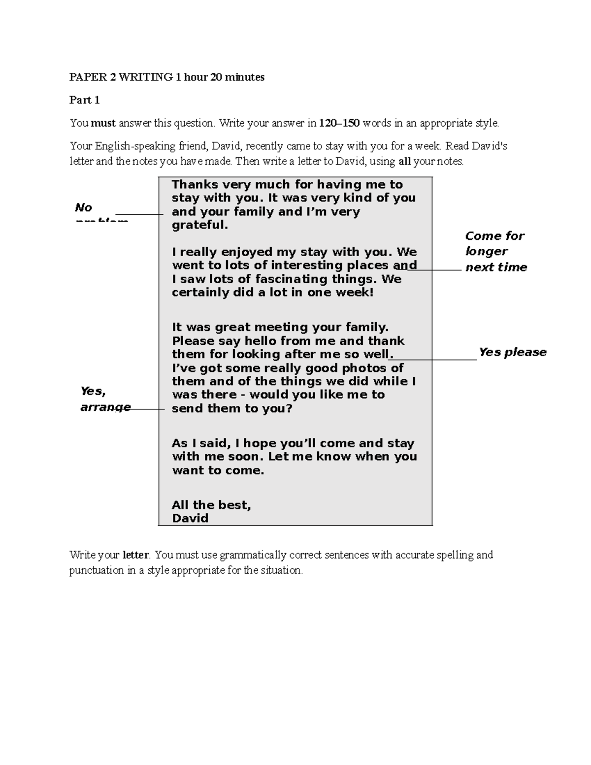 PAPER 2 WRITING: Letter to David (1h 20m) - Studocu