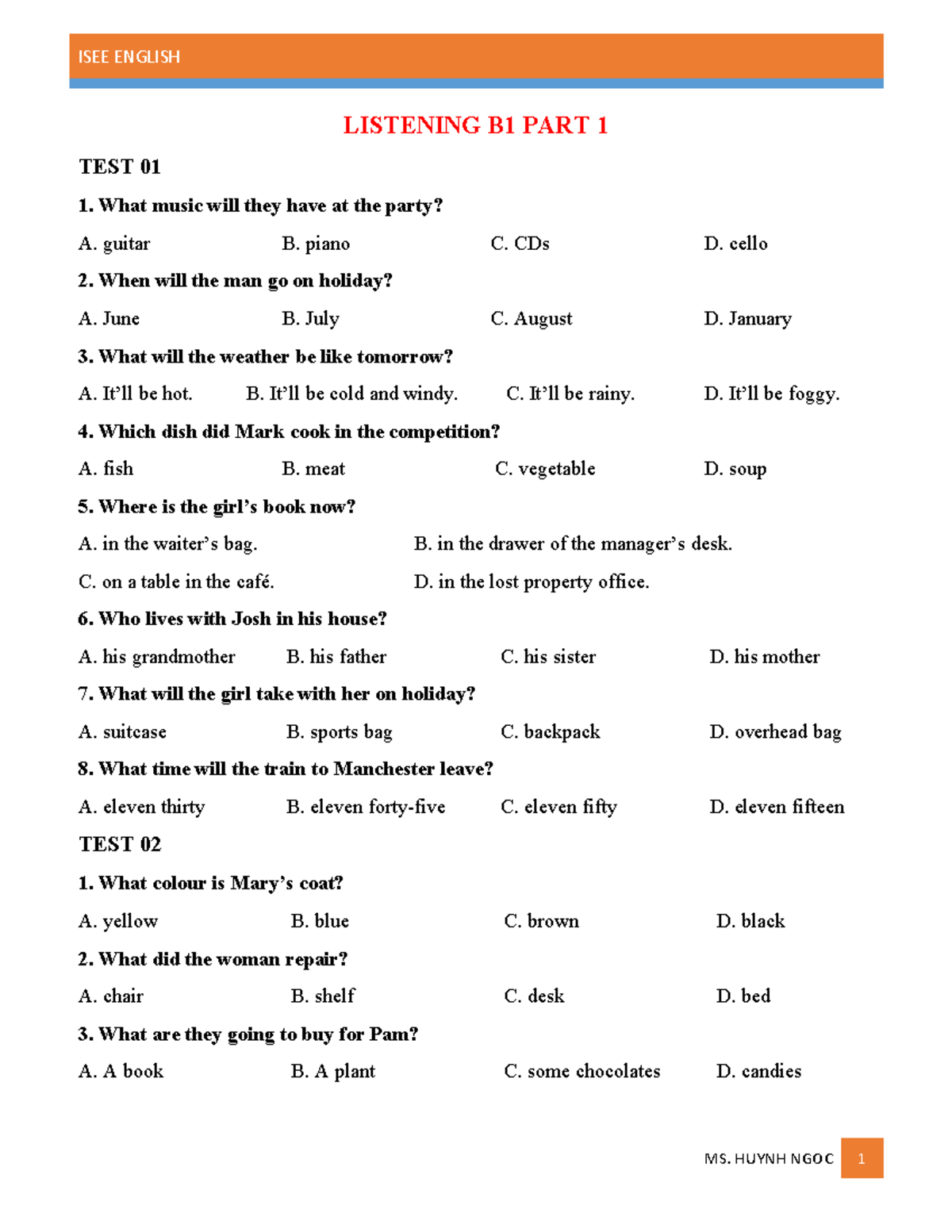 Listening B1 Part 1 - Test Questions and Answers - Studocu