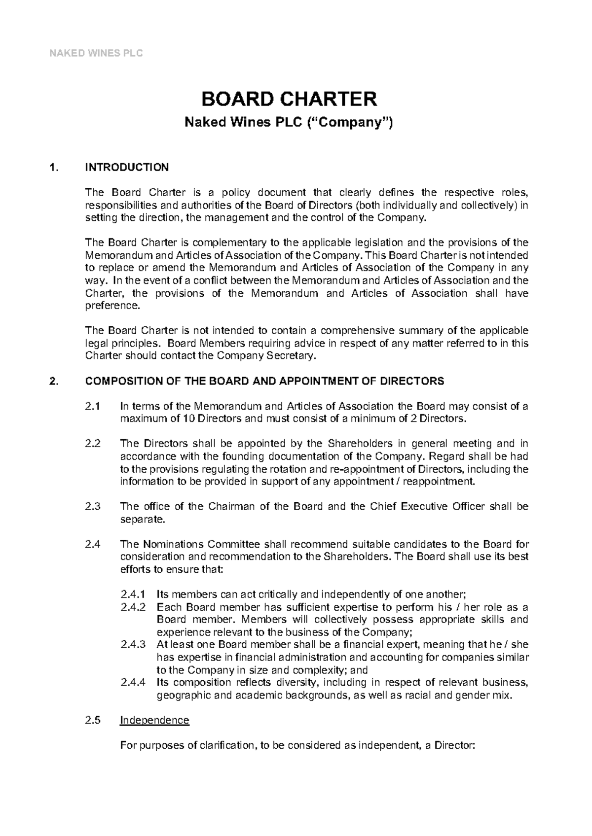 Naked Wines PLC: Board Charter Guidelines and Responsibilities - Studocu