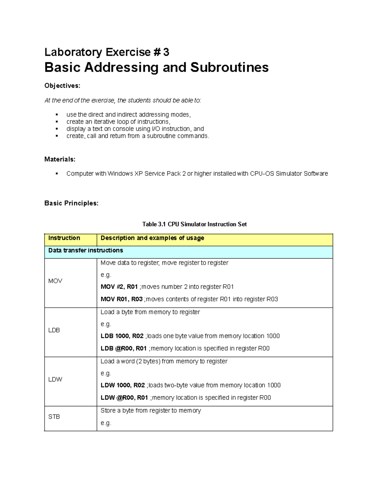 03 Laboratory Exercise 3: Addressing Modes & Subroutines Guide - Studocu