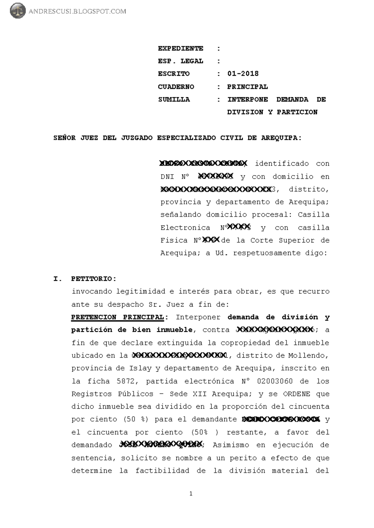 Modelo de Demanda de División y Partición de Bien Común - ESP. LEGAL ...