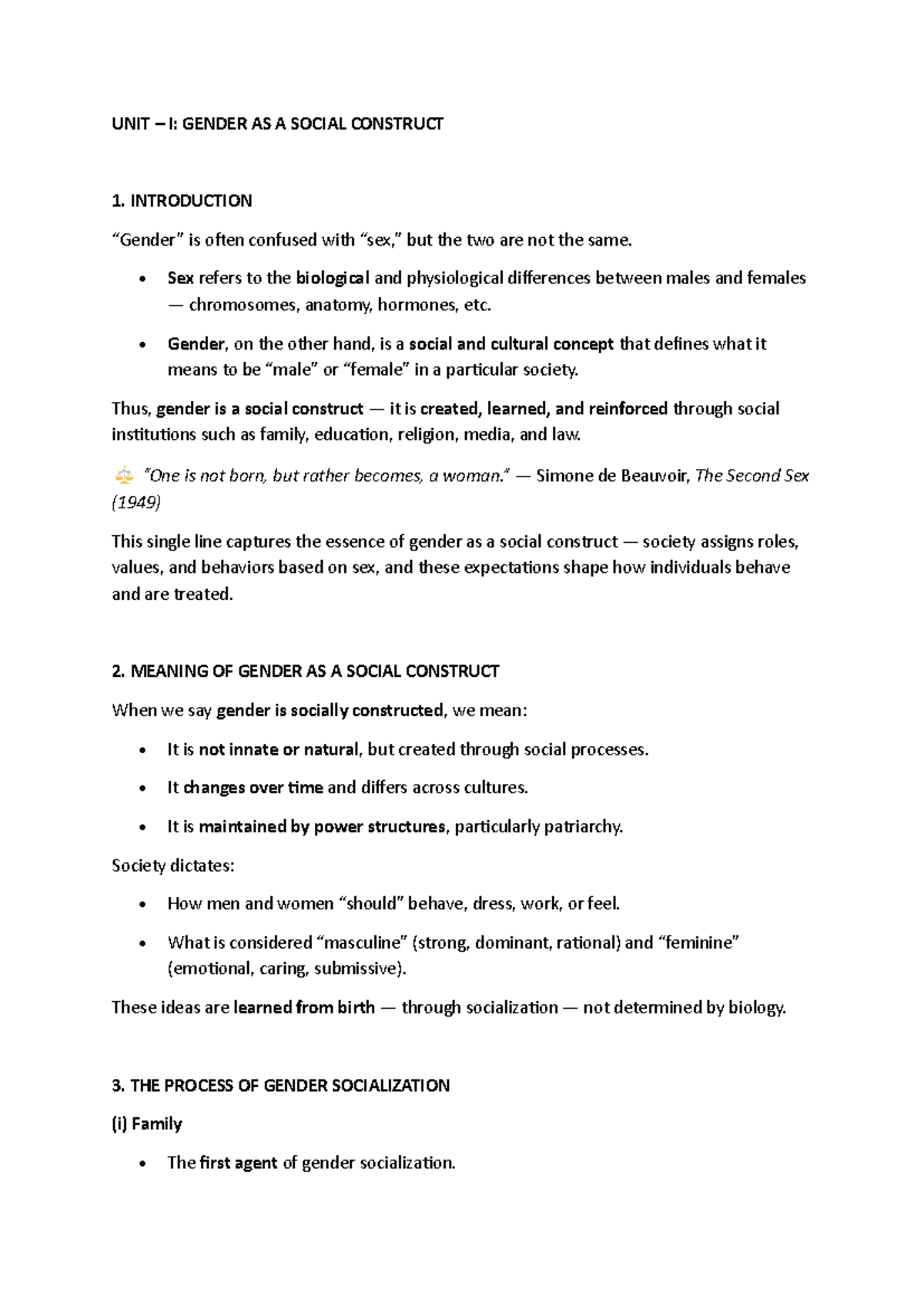 UNIT I: GENDER AS A SOCIAL CONSTRUCT - SOCIO-LEGAL DIMENSIONS - Studocu