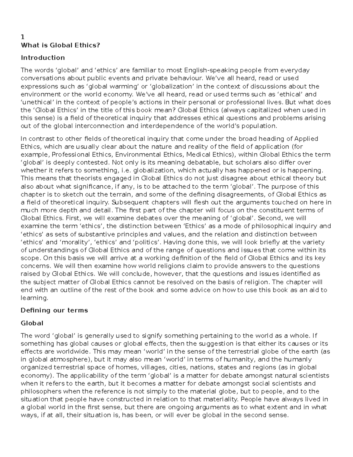 Global Ethics: Key Concepts and Debates in Chapter One - Studocu