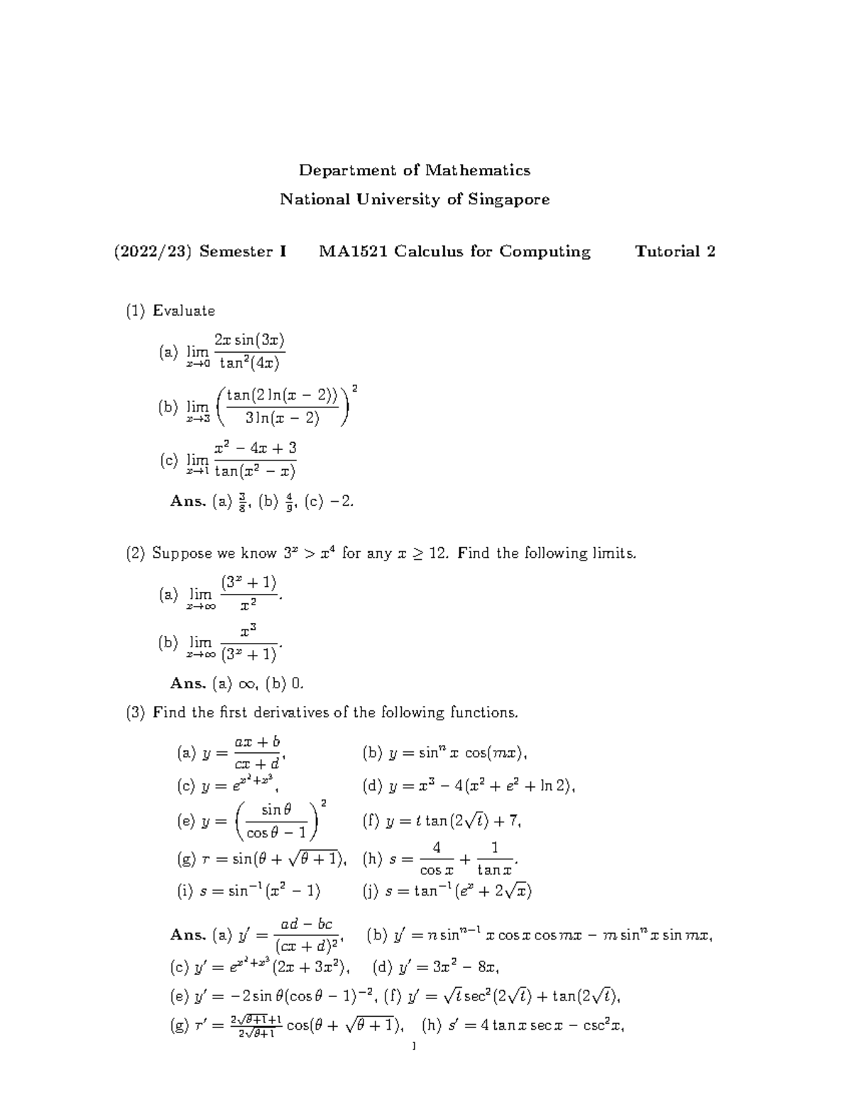 Tut2 - TUTORIAL 2 - Department of Mathematics National University of ...