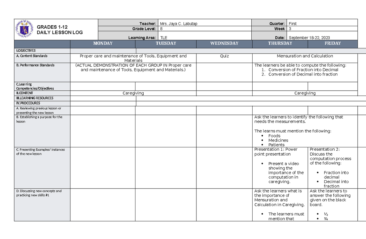 Daily Weekly-Learning-Plan (Grade 8) Sep 18-22 - GRADES 1- DAILY LESSON ...