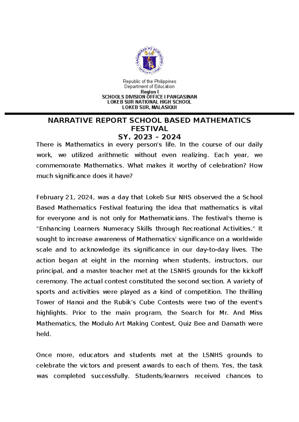SY 2023-2024 School-Based Math Festival Narrative Report - Studocu