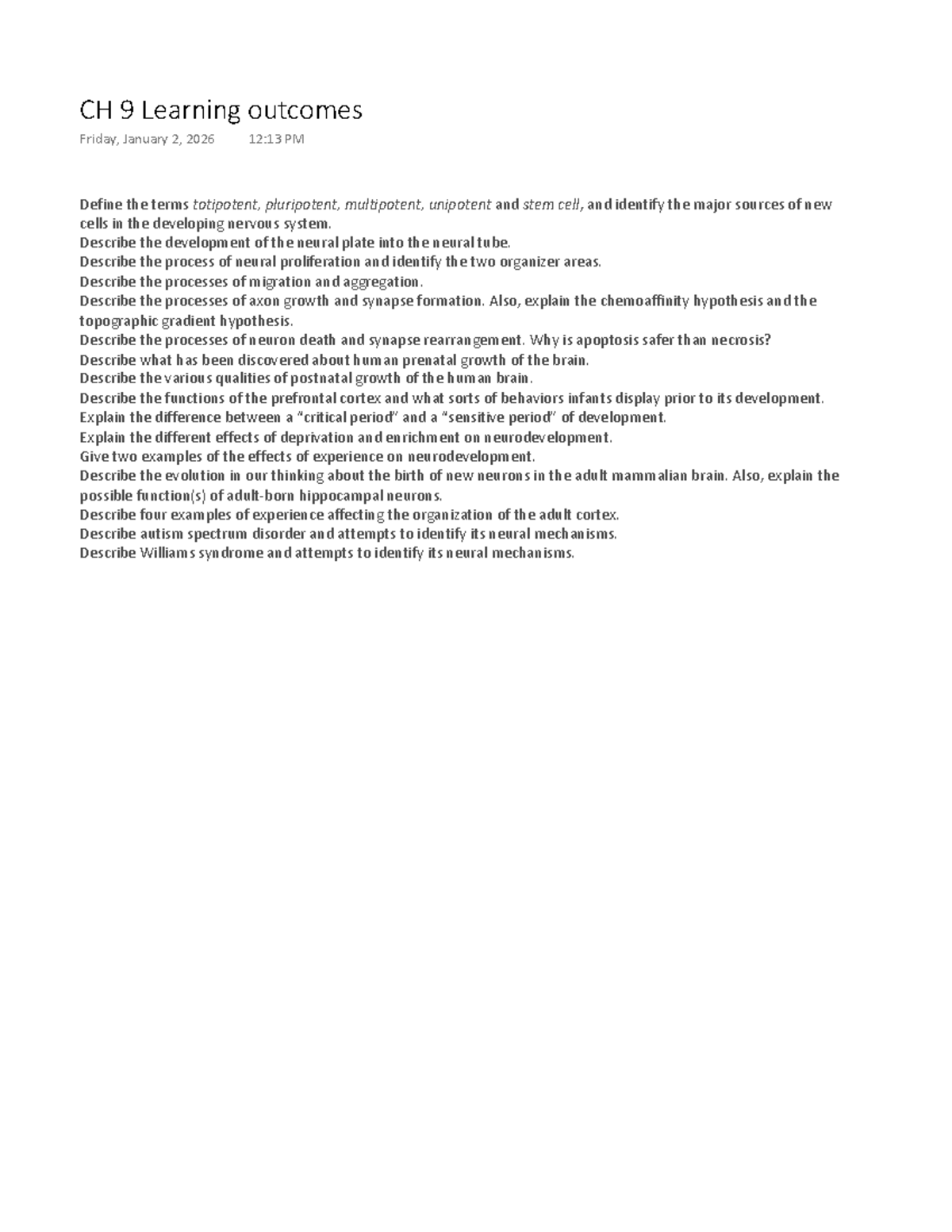 CH 9 Learning Outcomes: Neurodevelopment and Key Concepts - Studocu