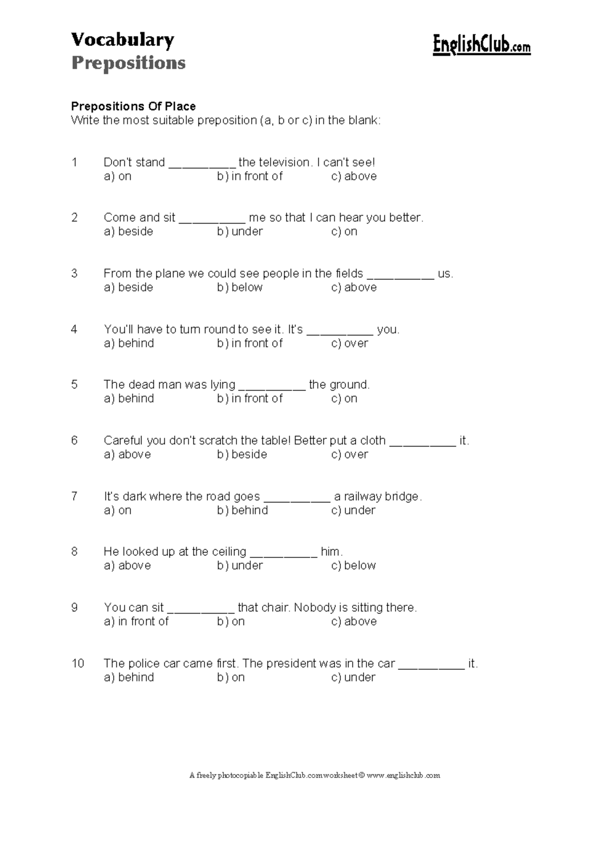 EC Vocabulary: Prepositions of Place Worksheet - Studocu