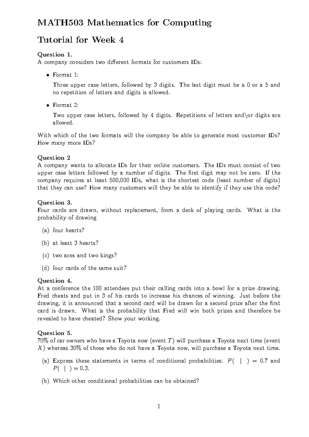 MATH503 Tutorial Week 4: Customer ID Formats & Probabilities - Studocu