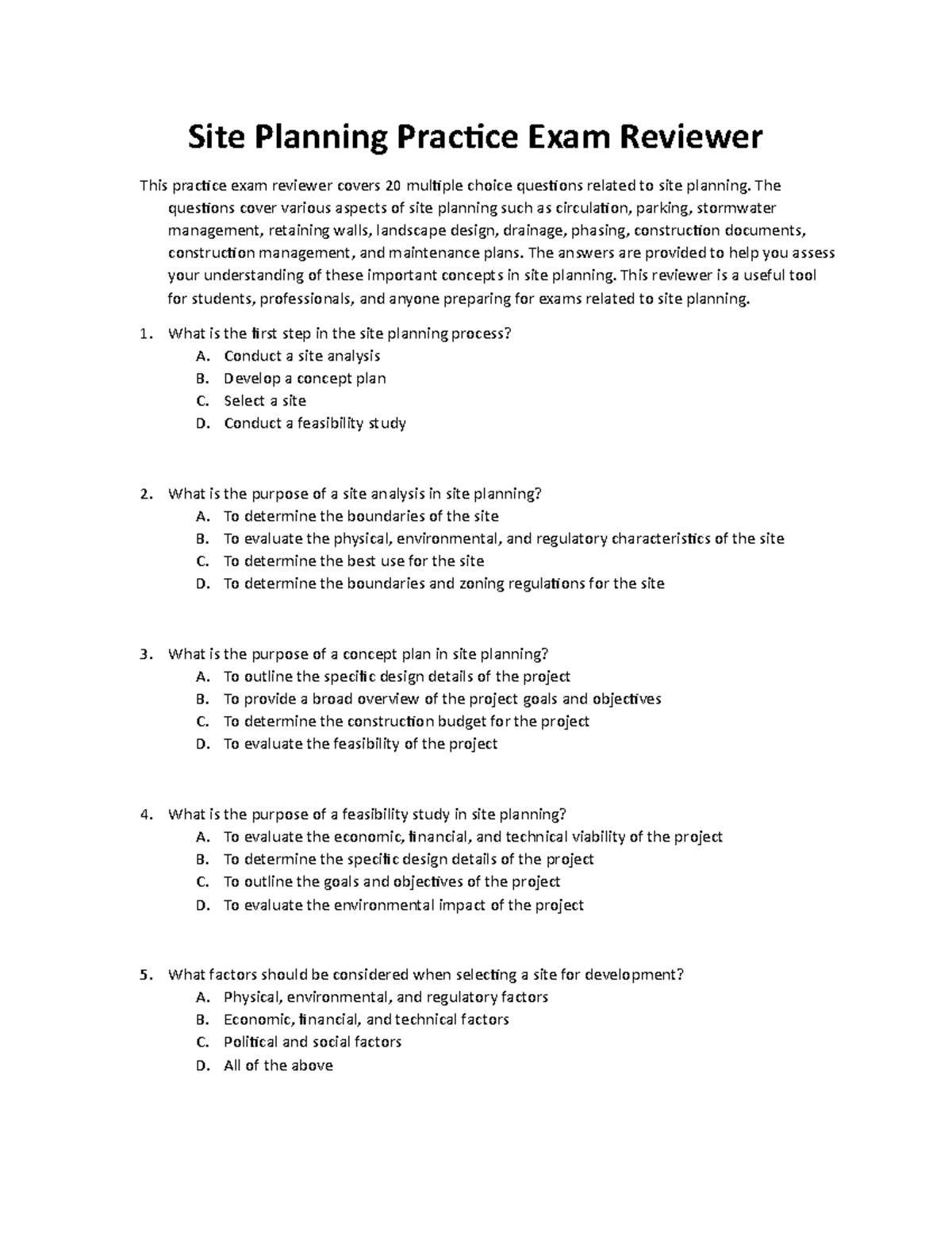 Site Planning Practice Exam Reviewer - Key Concepts & Questions - Studocu