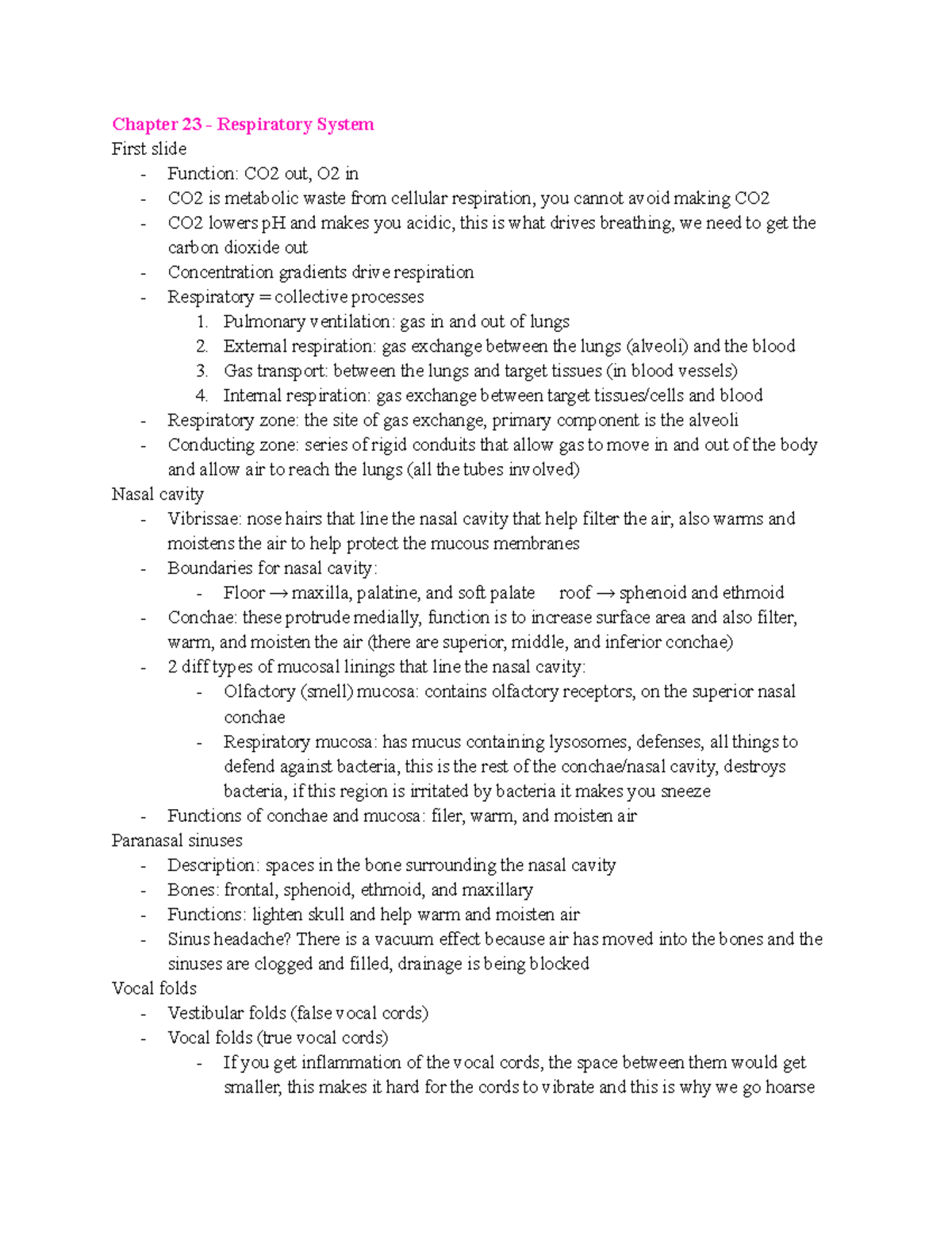 A&P II Exam 3 Study Guide: Respiratory System Overview - Chapter 23 ...