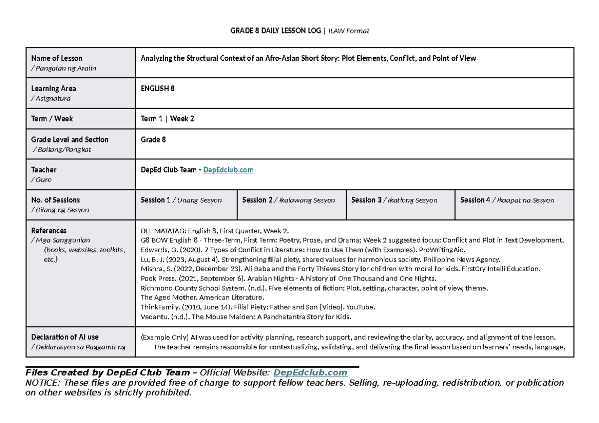 DTC ILAW DLL English 8 Term 1 Week 2: Analyzing Short Stories - Studocu