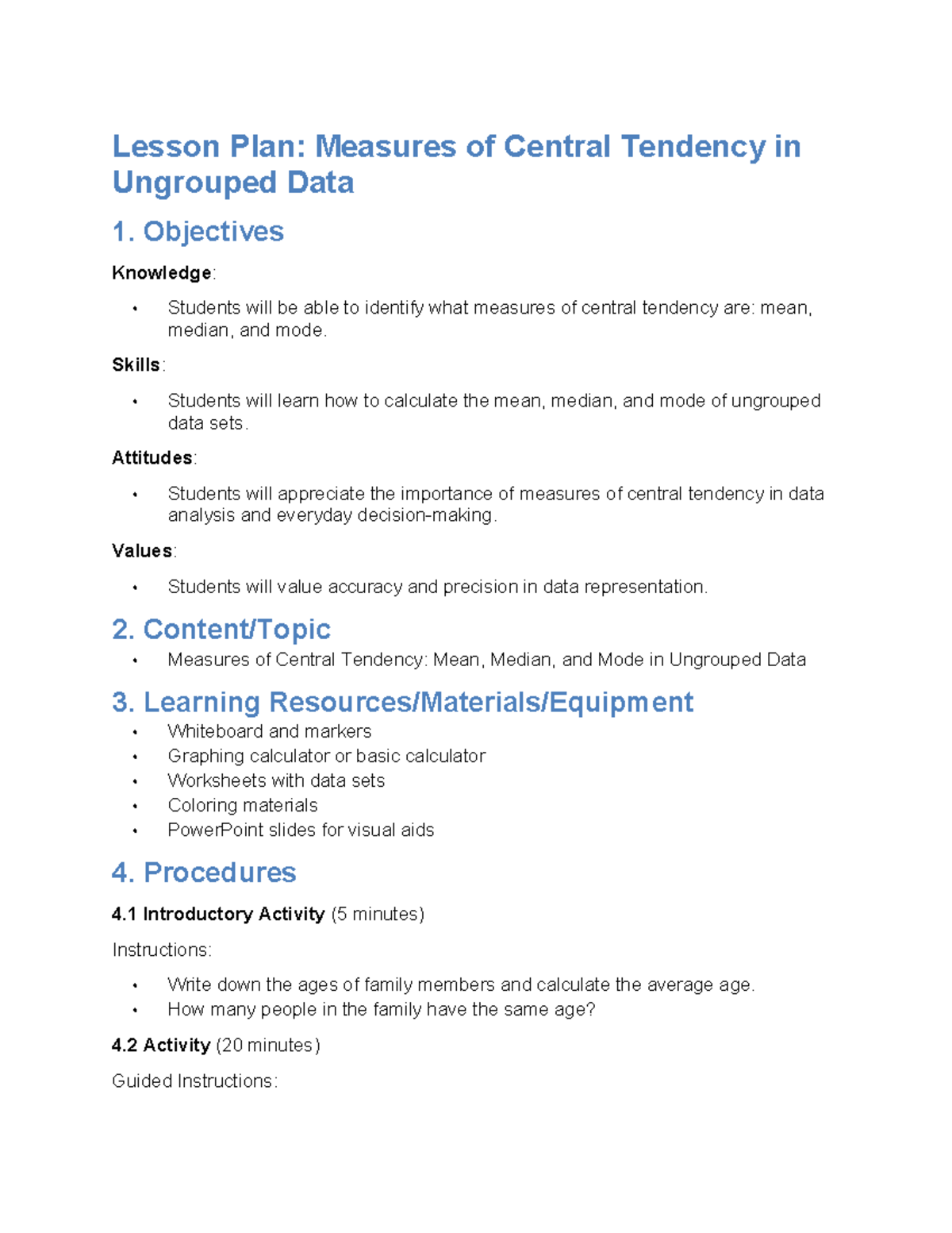 Lesson Plan: Measures of Central Tendency in Ungrouped Data (MATH 101) - Studocu