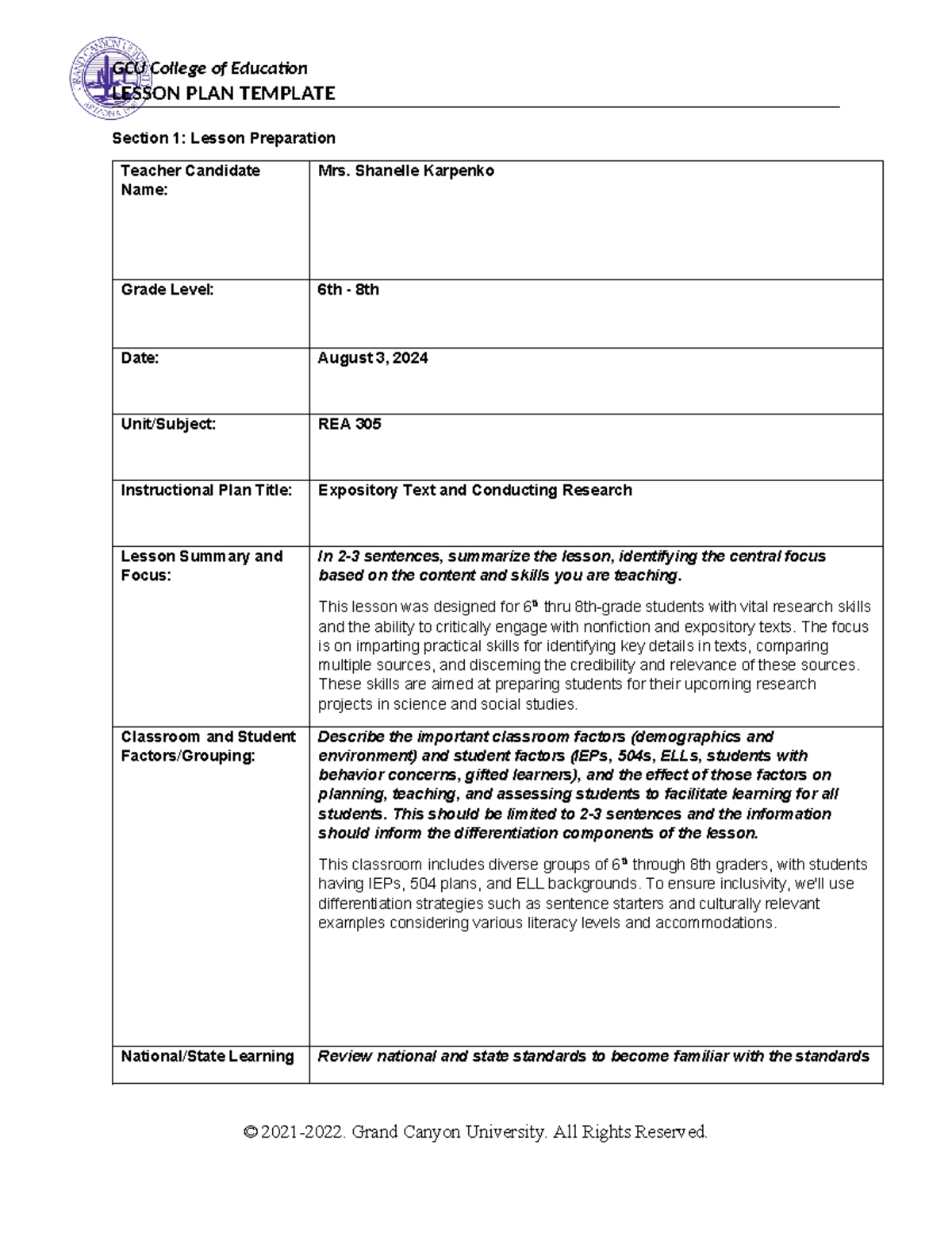 REA 305 Lesson Plan Template: Expository Text & Research Skills - Studocu