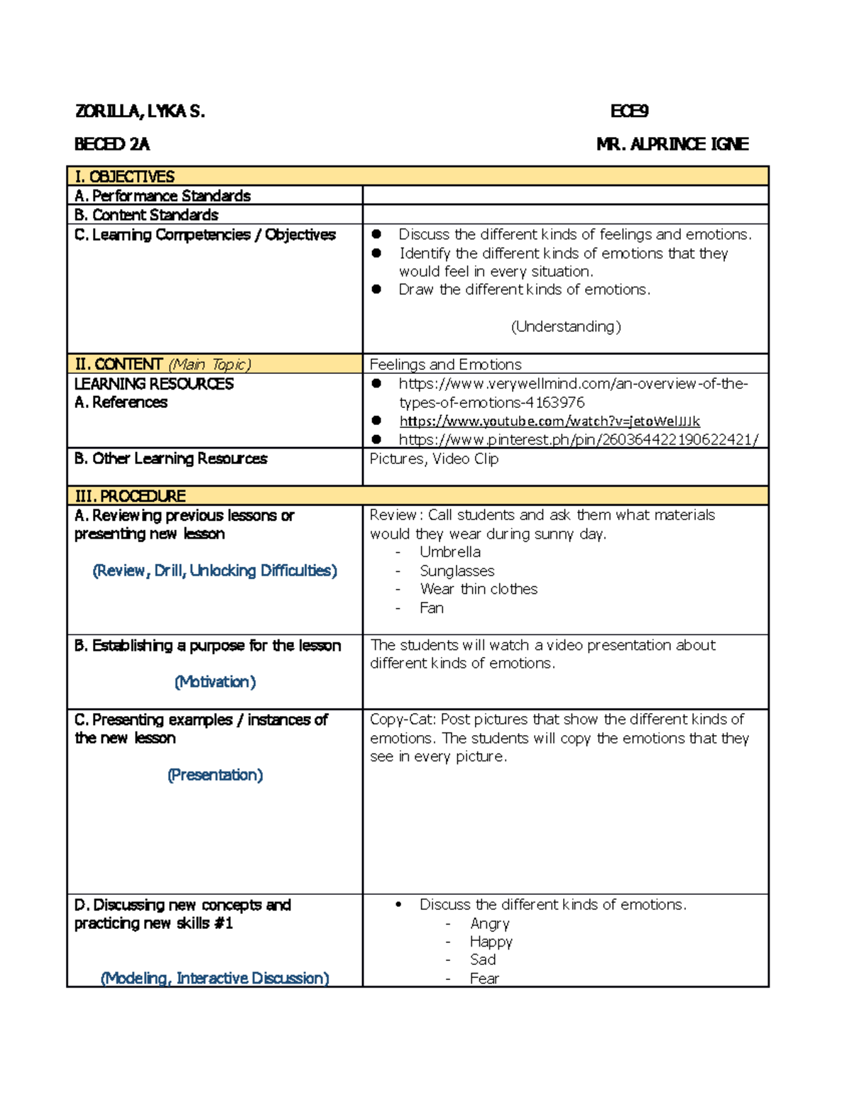 Zorilla ECE 9: Feelings & Emotions Lesson Plan for Kindergarten - Studocu