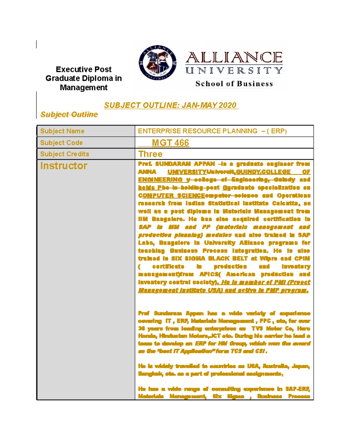 MGT461- ERP -Course Outline - Executive Post Graduate Diploma in ...