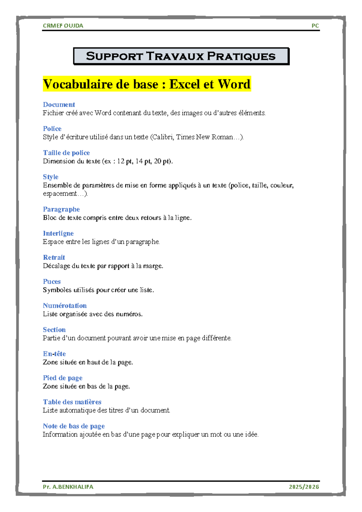 CRMEF OUJDA PC Support TP : Vocabulaire Excel et Word - Studocu