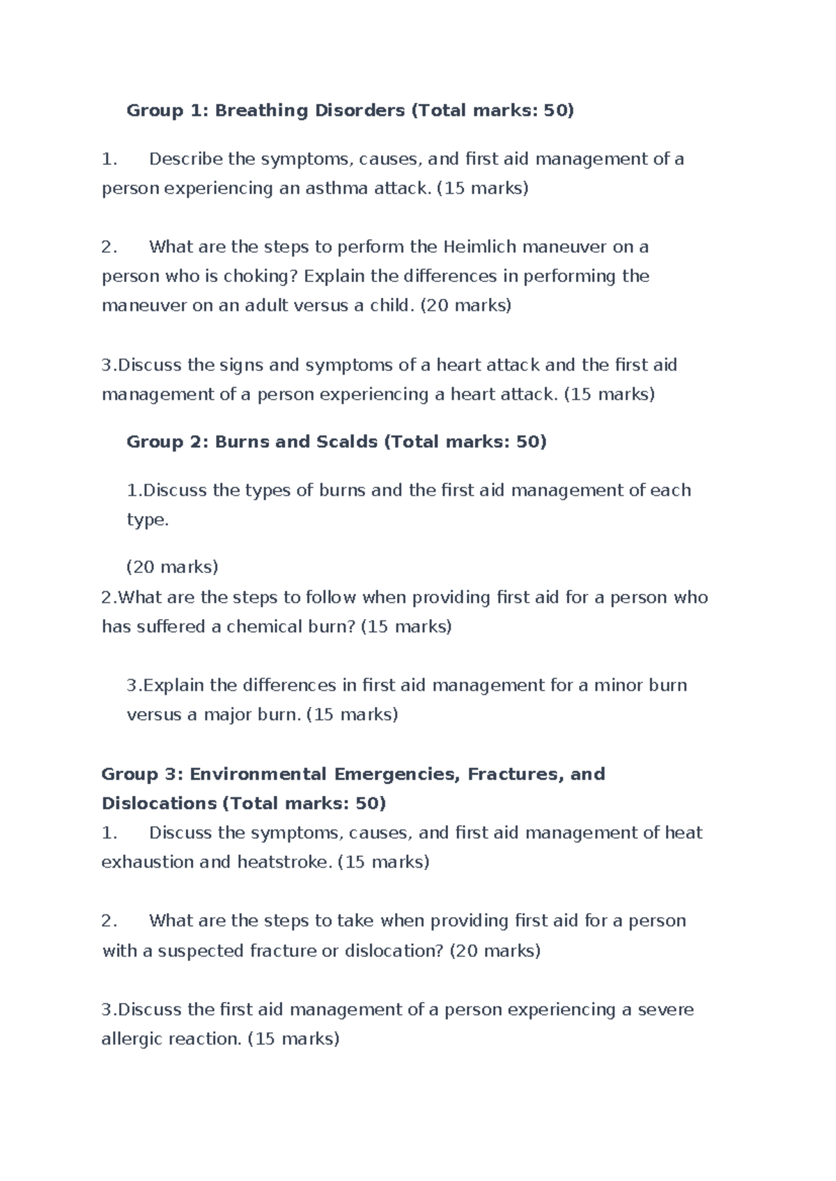 First Aid Assignment - Breathing Disorders, Burns & Emergencies - Studocu