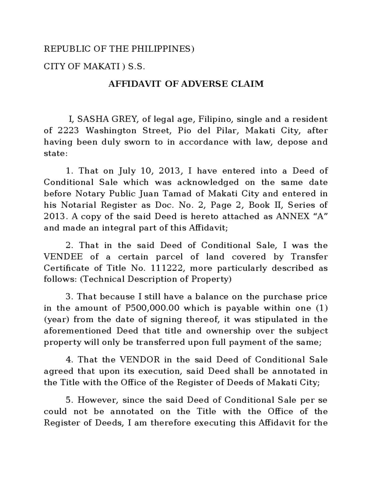 Affidavit of Adverse Claim - Legal Document for Property Title - Studocu