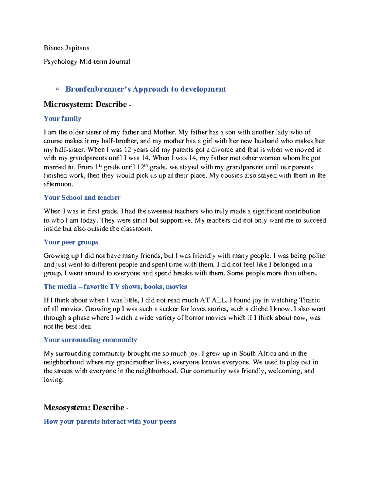 Psychology PSY 101 Midterm Journal: Personal Reflections and Insights ...
