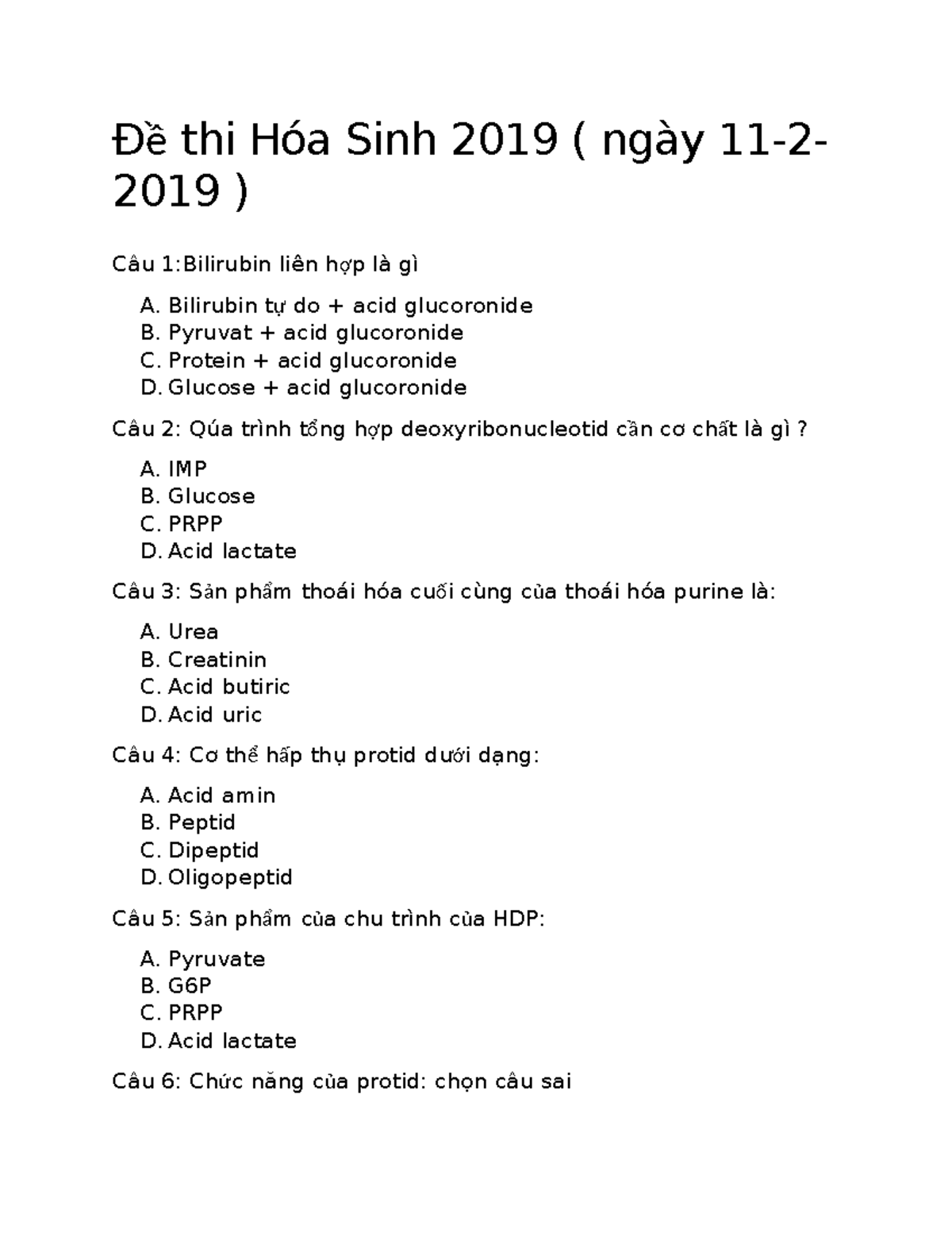 Đề thi Hóa Sinh 2019 - Đề NT 2019 (Ngày 11/02/2019) - Studocu