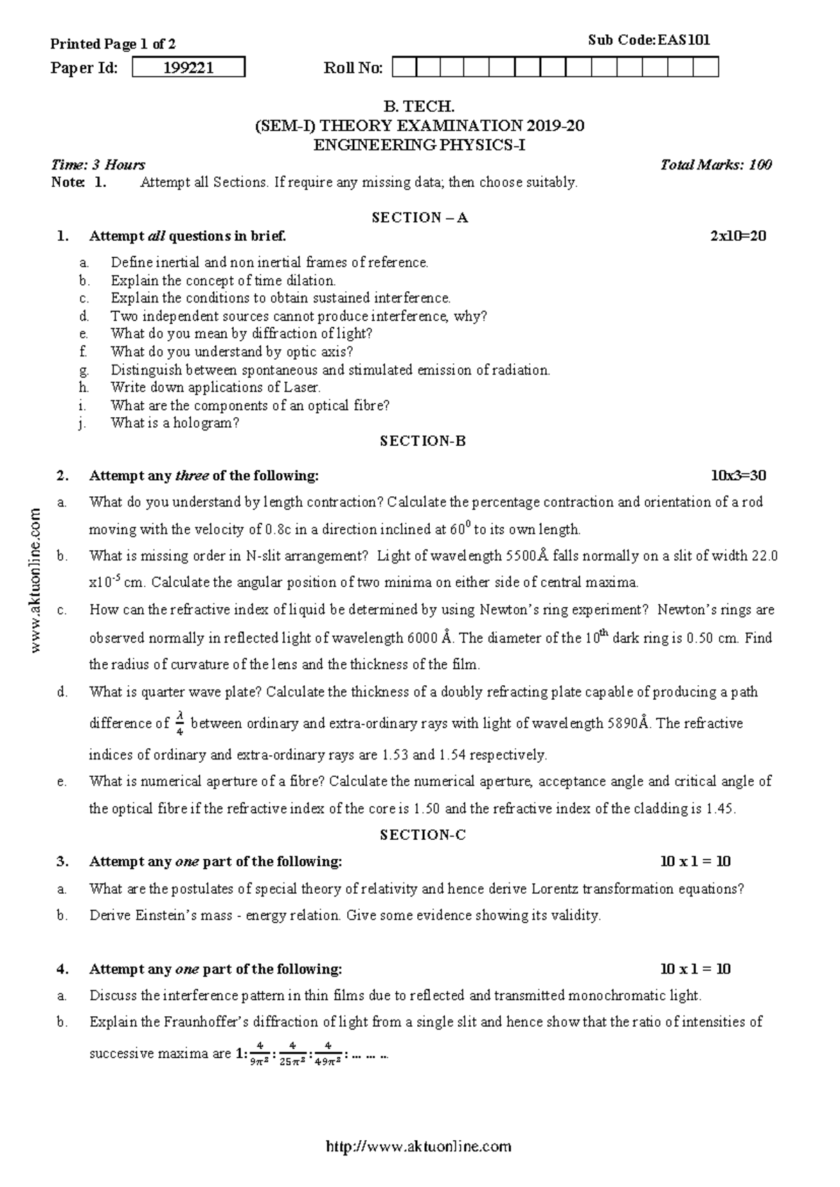 EAS101 B.Tech 1st Sem Engineering Physics Theory Exam 2020 - Studocu