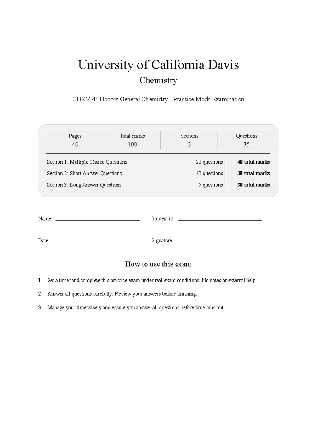 CHEM 4: Honors General Chemistry Practice Mock Exam 2026 - Studocu