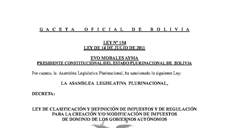 Ley Nº 154: Clasificación y Regulación de Impuestos Subnacionales - Studocu
