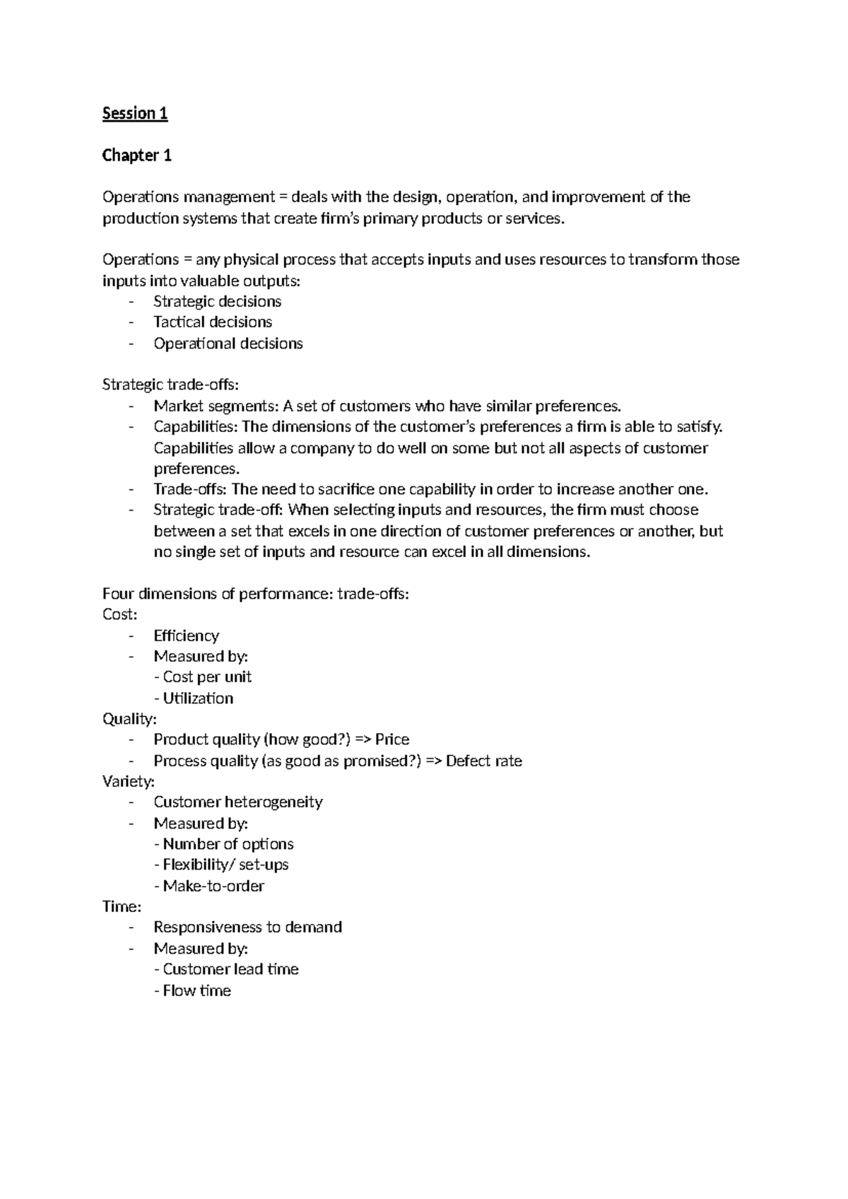 BO&P Quiz 1 Summary: Key Concepts in Operations Management - Studocu