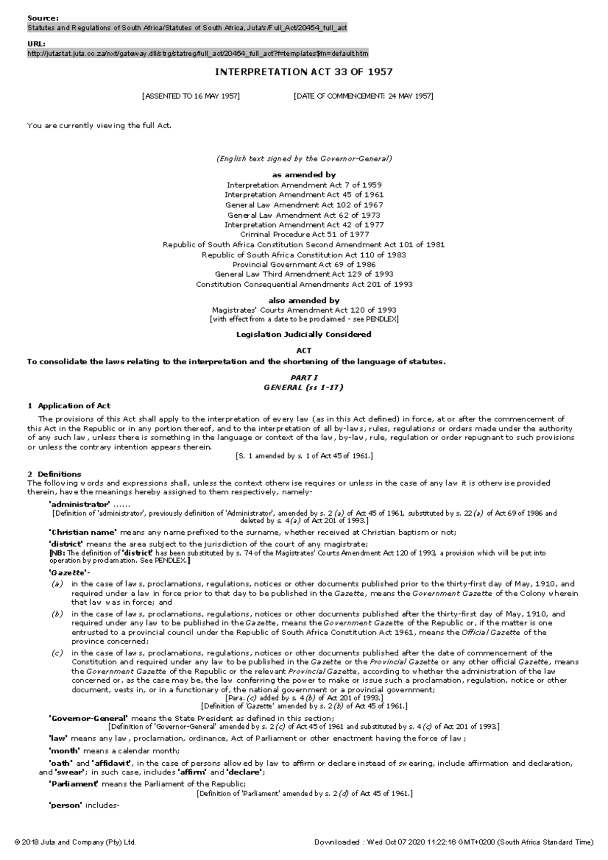 Interpretation Act 33 of 1957: Overview and Key Provisions - Studocu