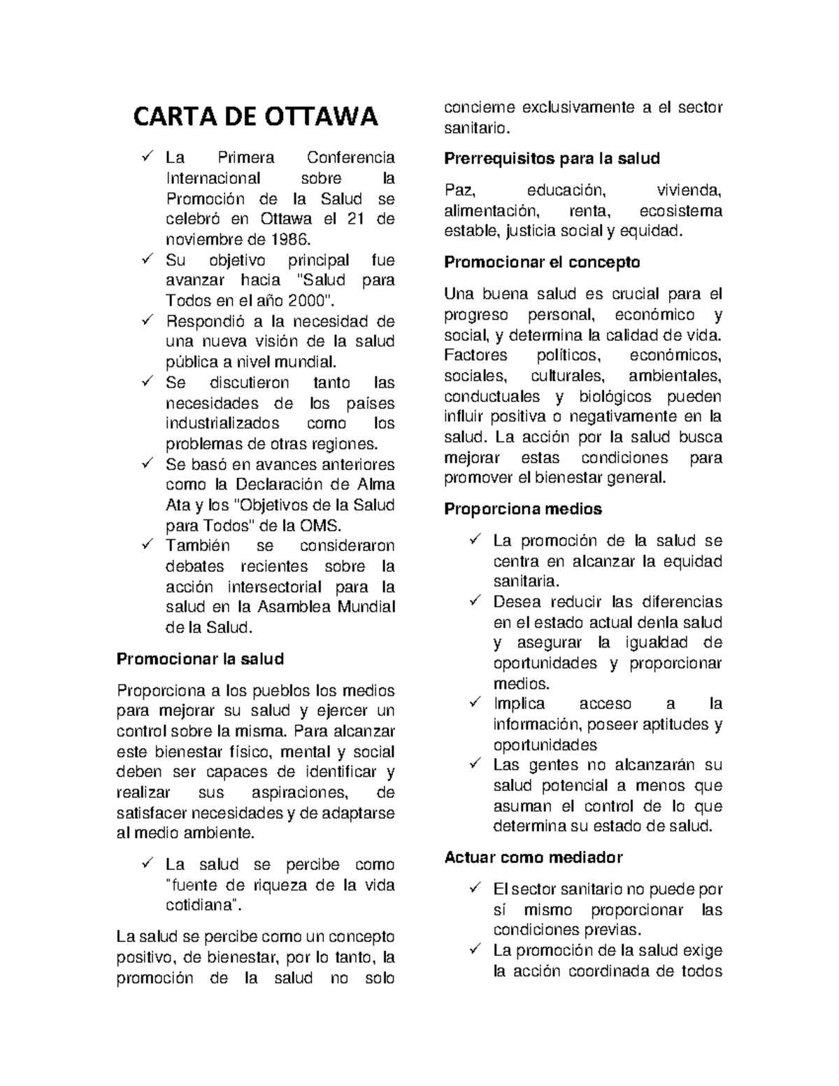 CARTA DE OTTAWA: Resumen de Promoción de la Salud y Bienestar - Studocu