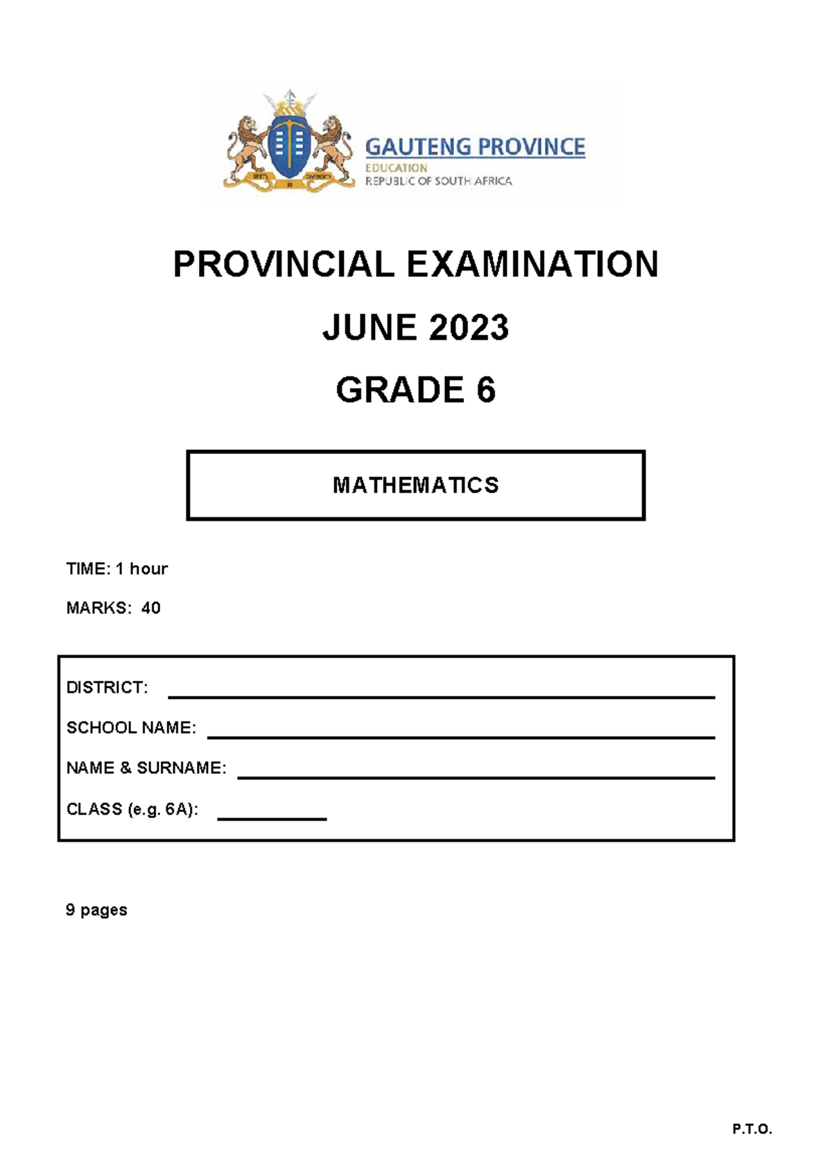 Grade 6 Mathematics June 2023 Provincial Exam Question Paper - Studocu