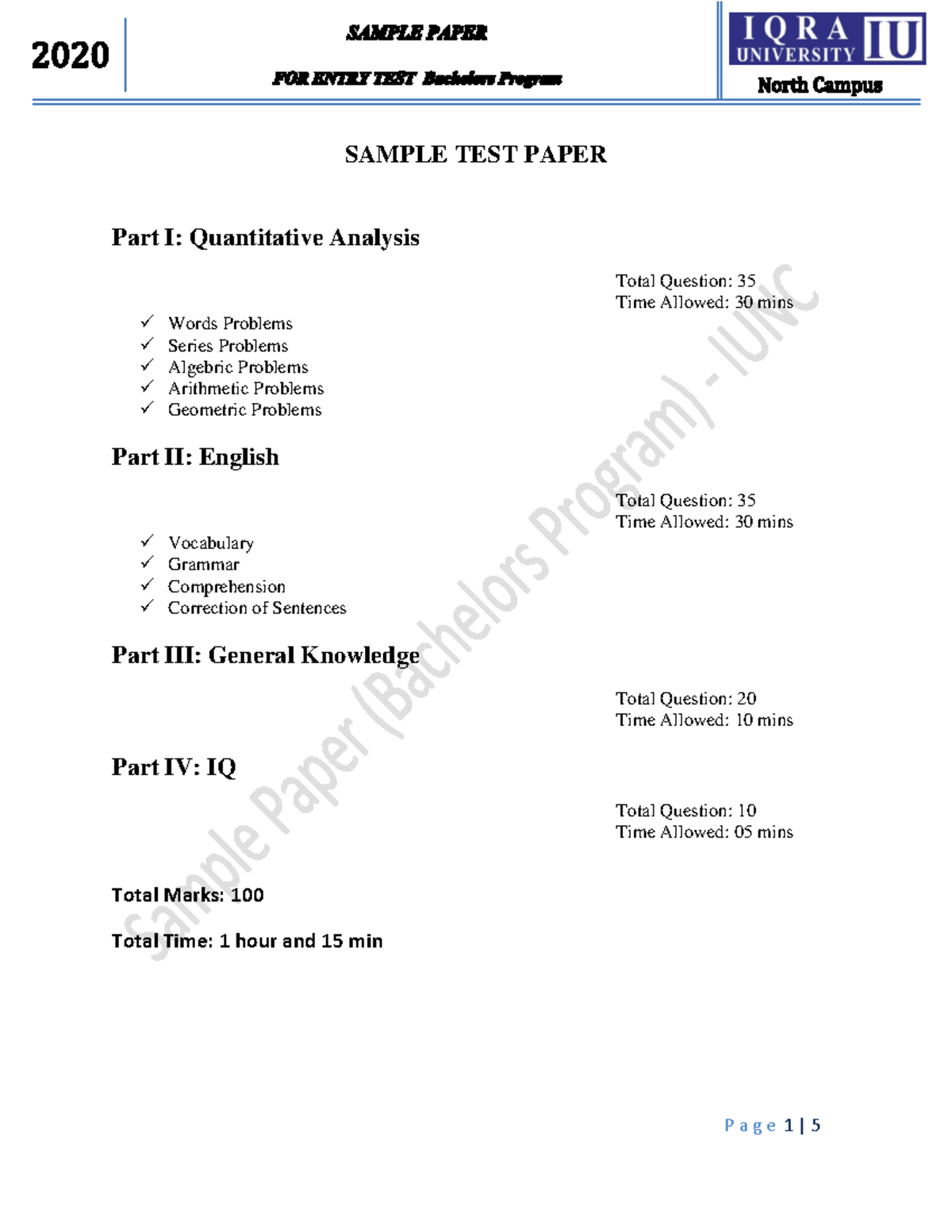 Sample Test Paper for Bachelor's Program: Quantitative, English, GK, IQ ...