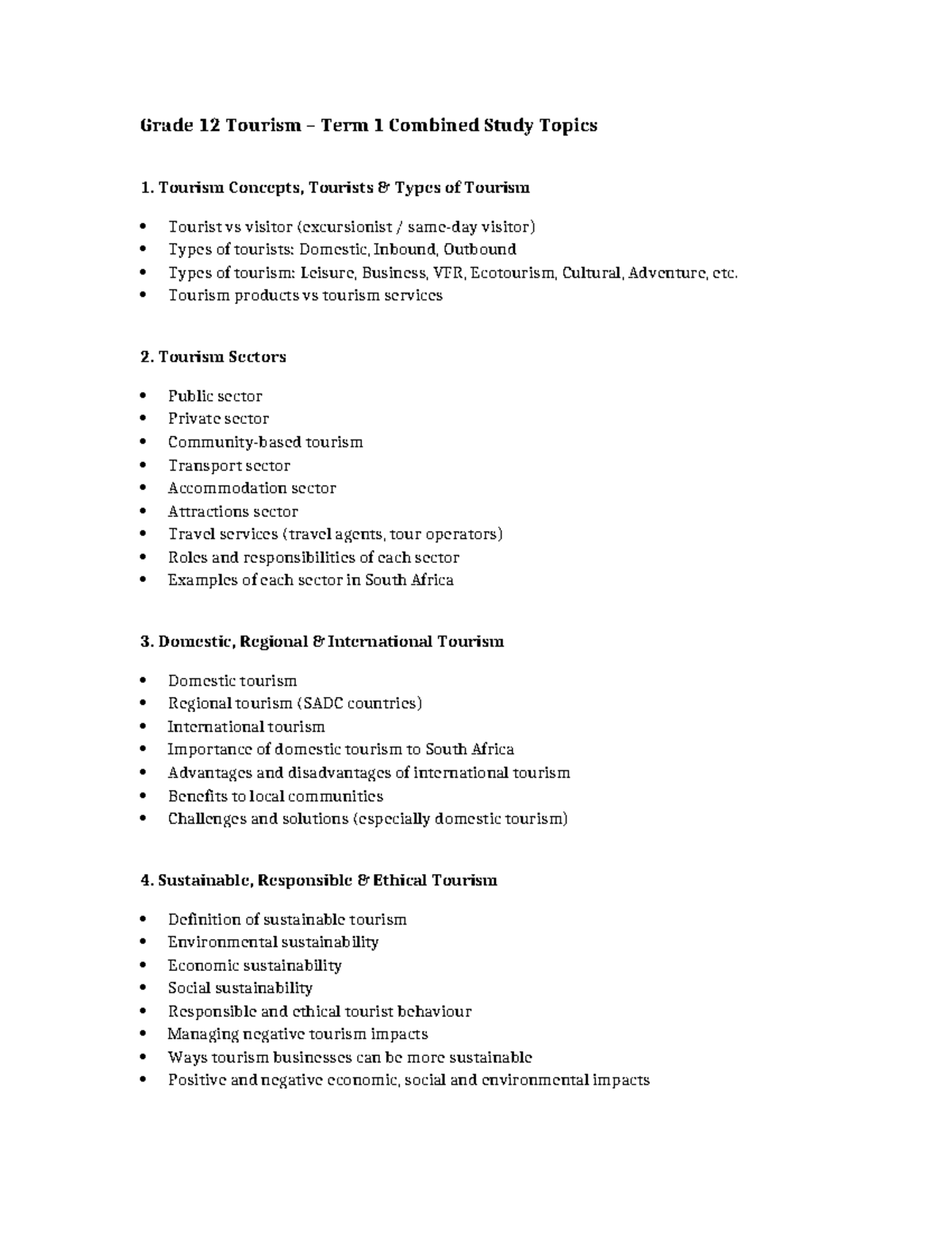 Grade 12 Tourism Term 1 Combined Study Guide: Key Topics and Concepts ...