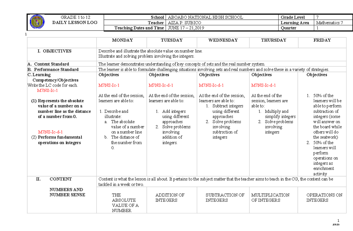 Daily Lesson Log for Mathematics Grade 7 (Q1: June 17-21, 2019) - Studocu