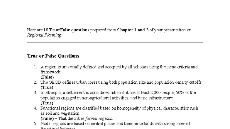 Regional Planning Quiz: True/False, Matching & MCQs from Chapters 1-2 ...