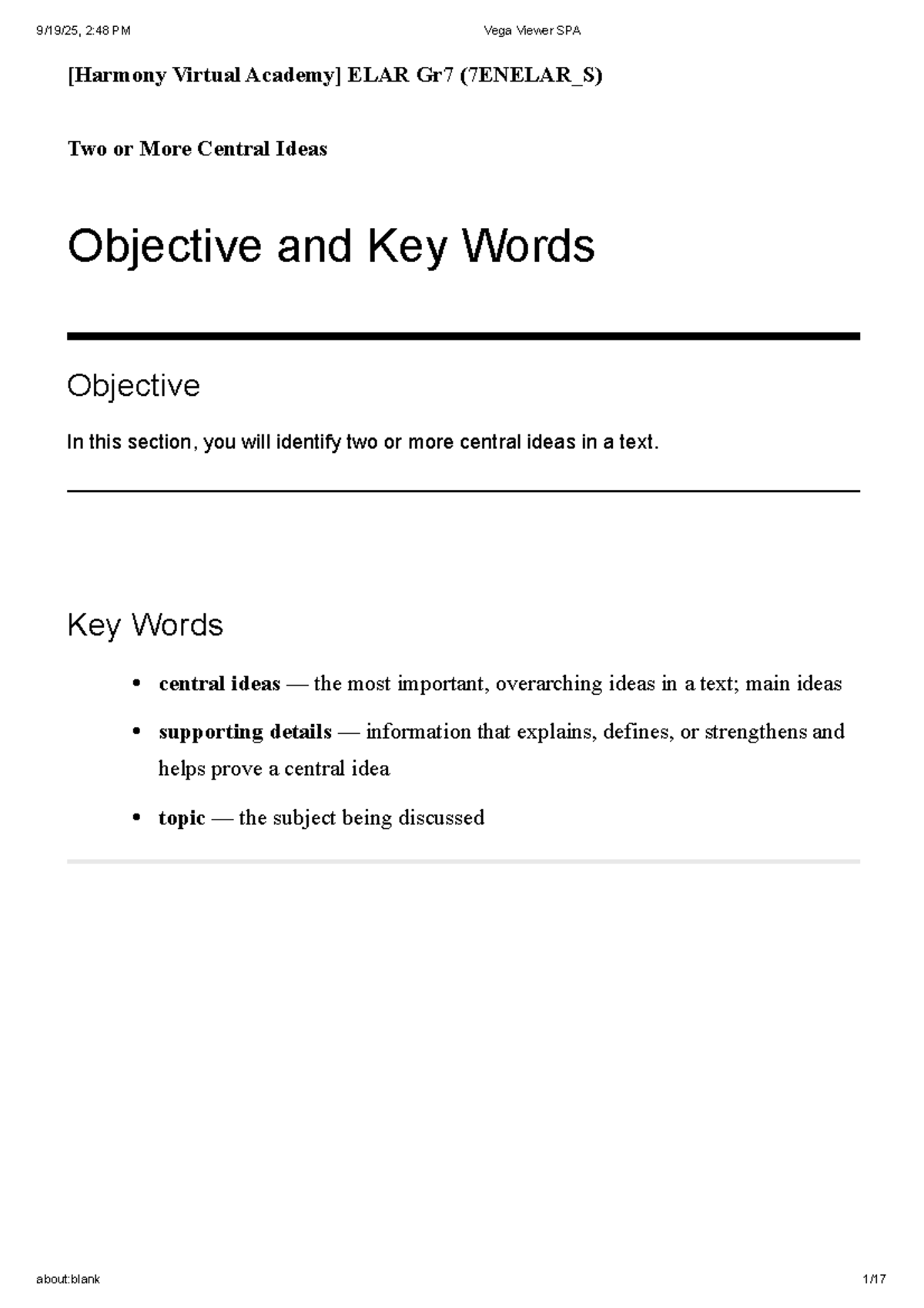Determining Two or More Central Ideas in ELAR Gr7 (7ENELAR_S) - Studocu