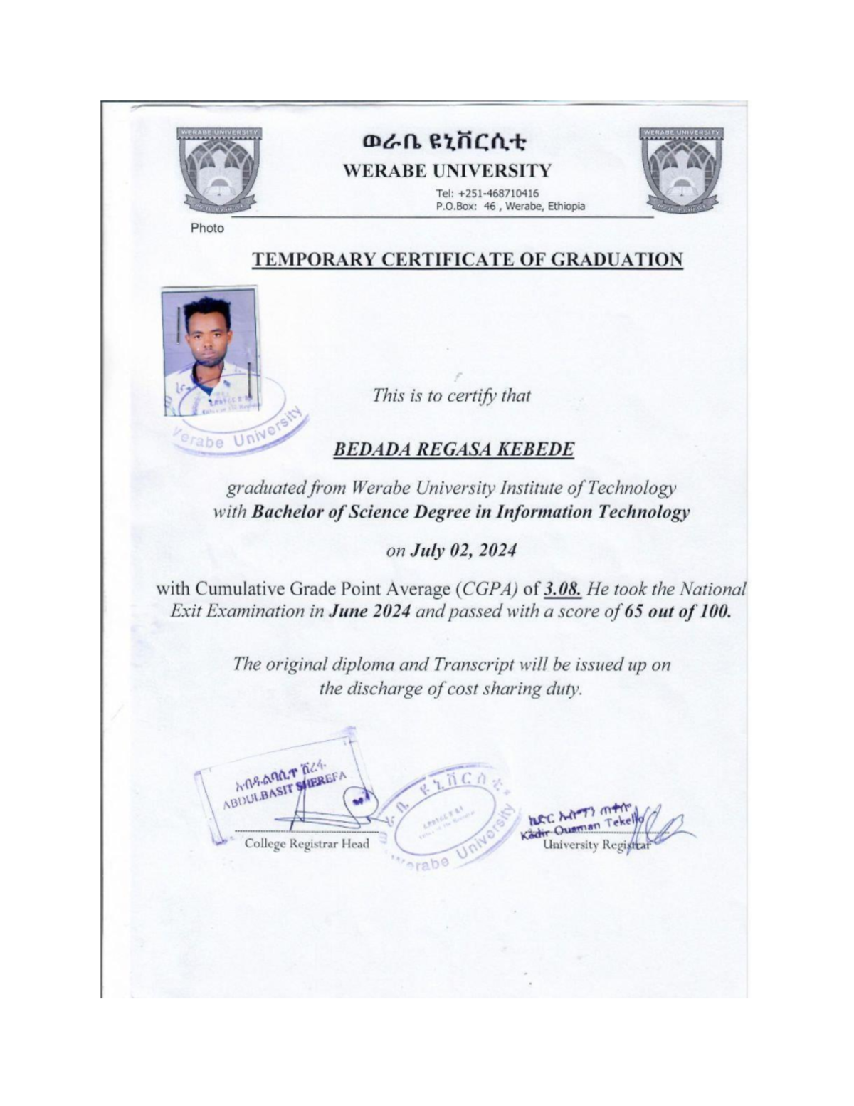Badada Tempo 1 - Temporary Graduation Certificate Details - Studocu