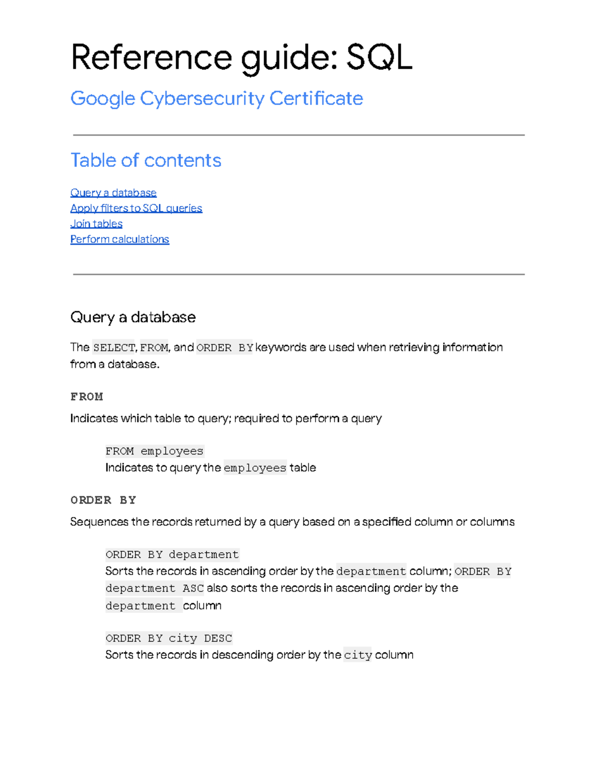 Reference Guide SQL - Reference guide: SQL Google Cybersecurity Certi ...
