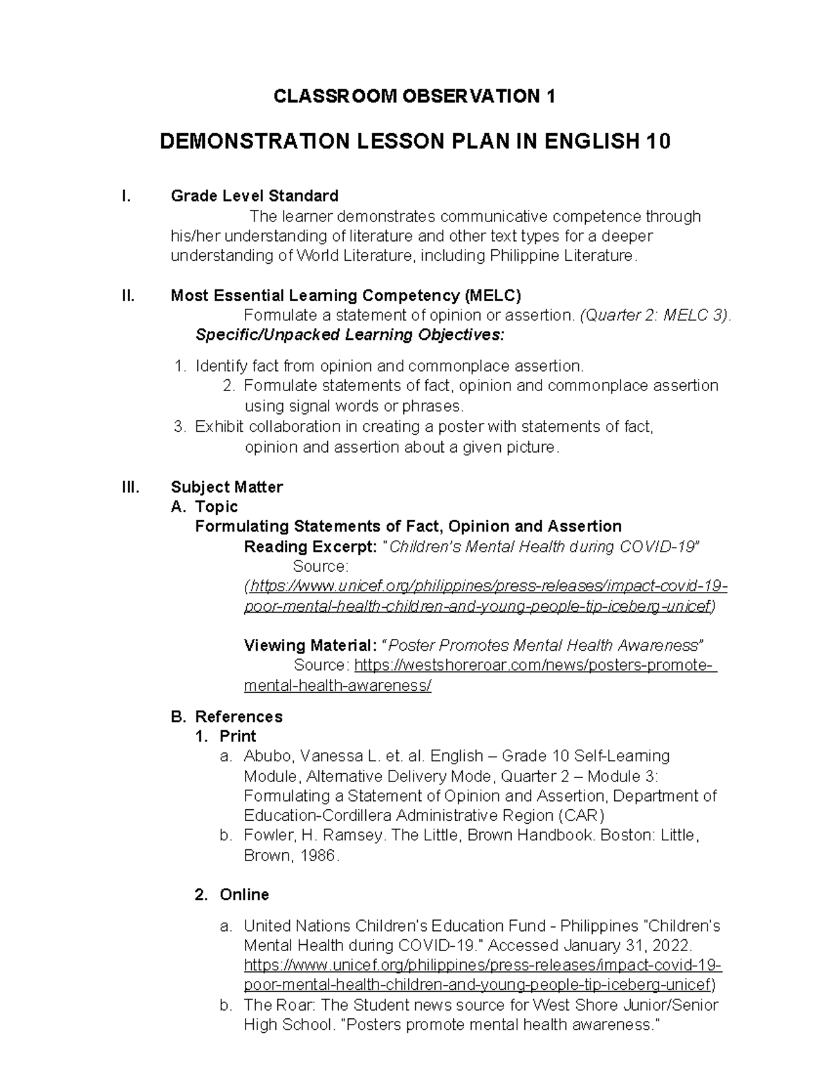 Final Alternative Classroom Observation Through - CLASSROOM OBSERVATION ...