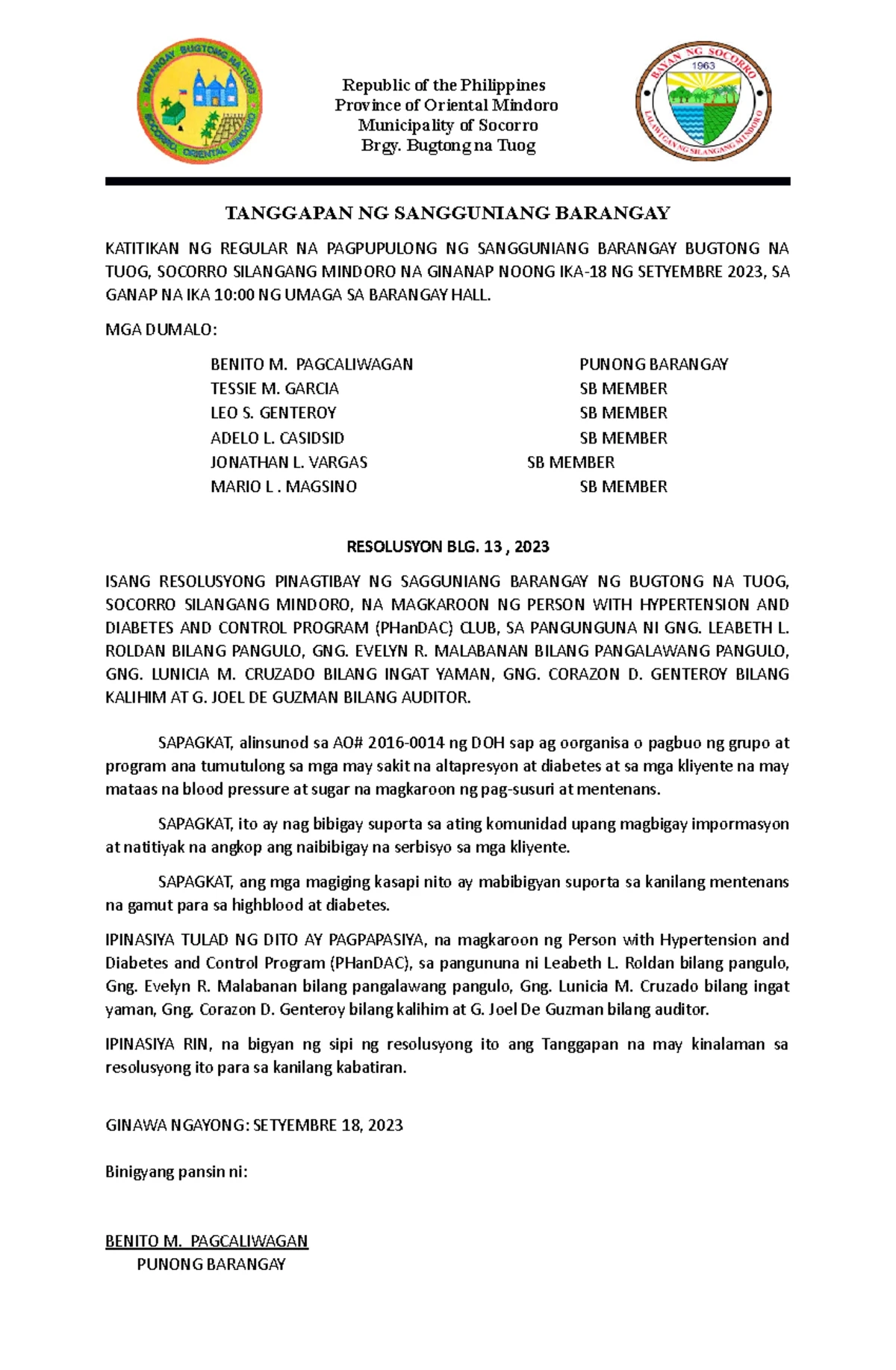 Pagbuo ng Barangay TB Task Force ng Bugtong na Tuog - EO 12-2023 - Studocu