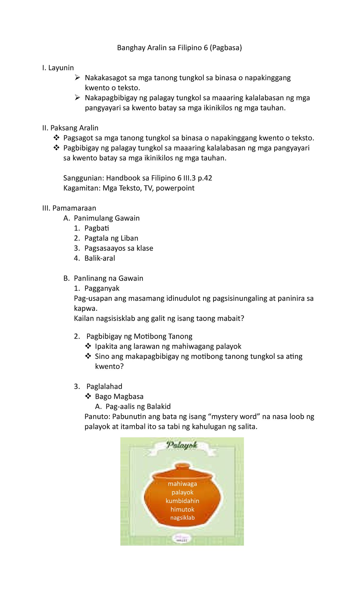 Banghay Aralin sa Filipino 6 - Layunin Nakakasagot sa mga tanong ...