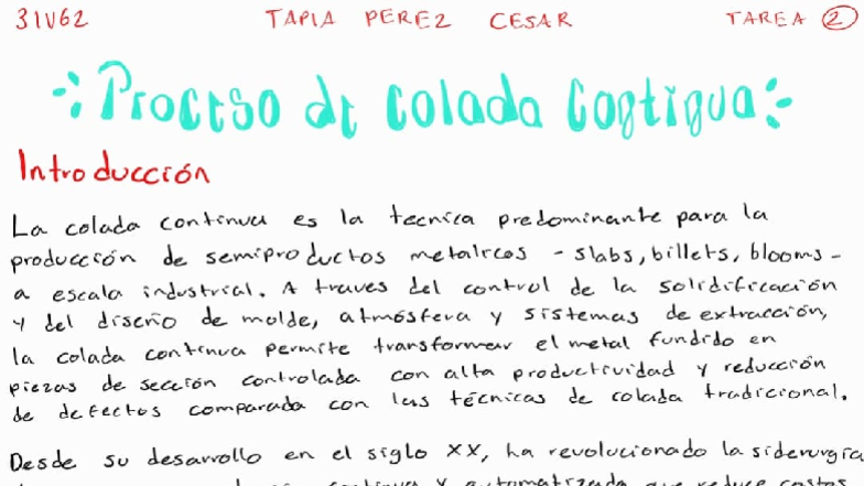 Colada Continua en Metalurgia: Proceso y Técnicas (31V62) - Studocu