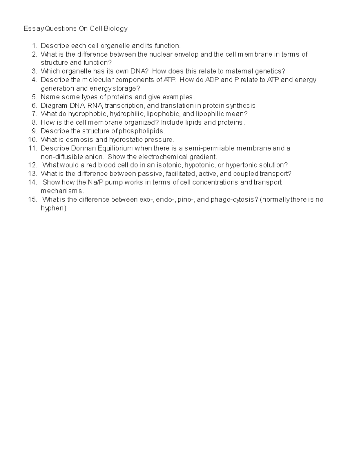 Cell Biology Essay Questions: Organelles, Membranes, and Transport ...