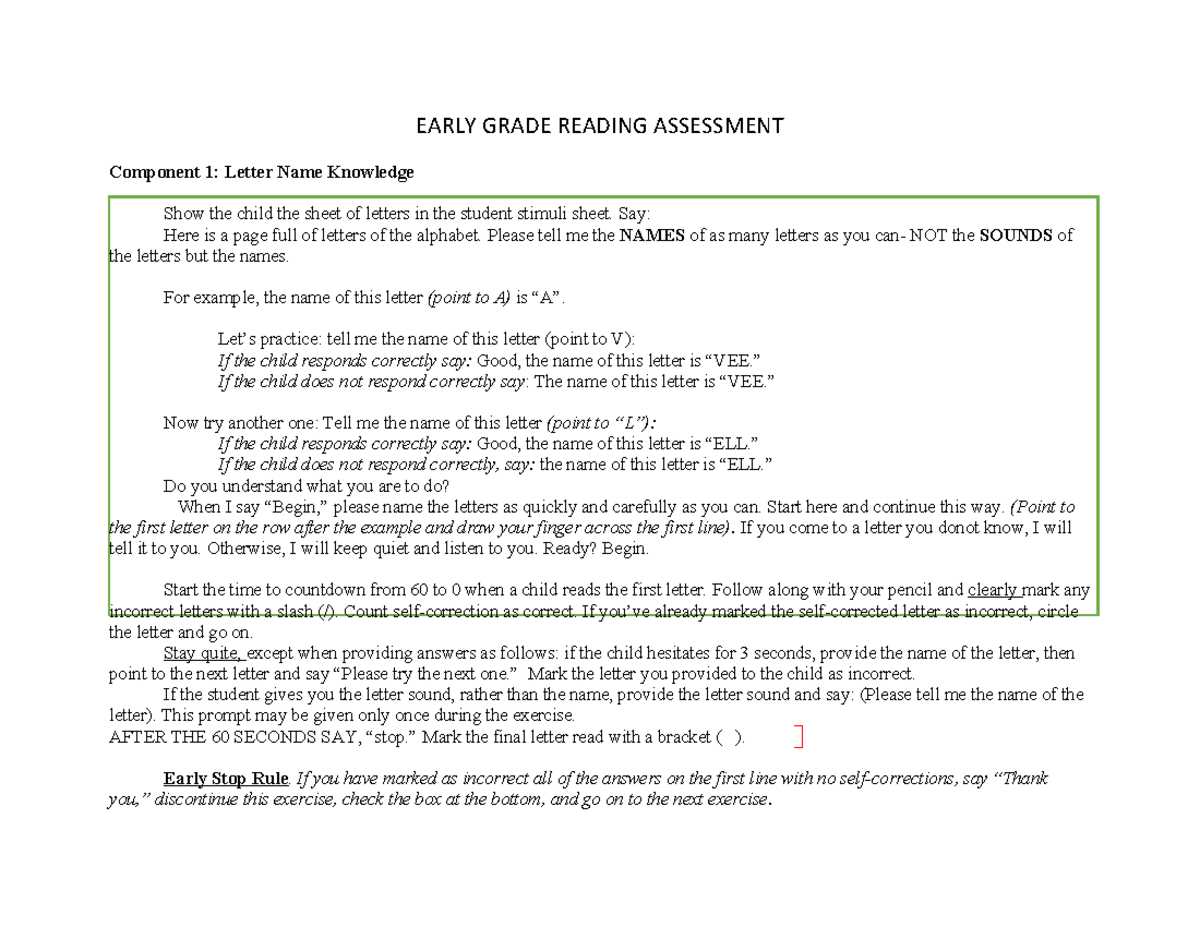 EGRA Tool (589990515): Early Grade Reading Assessment Guide - Studocu