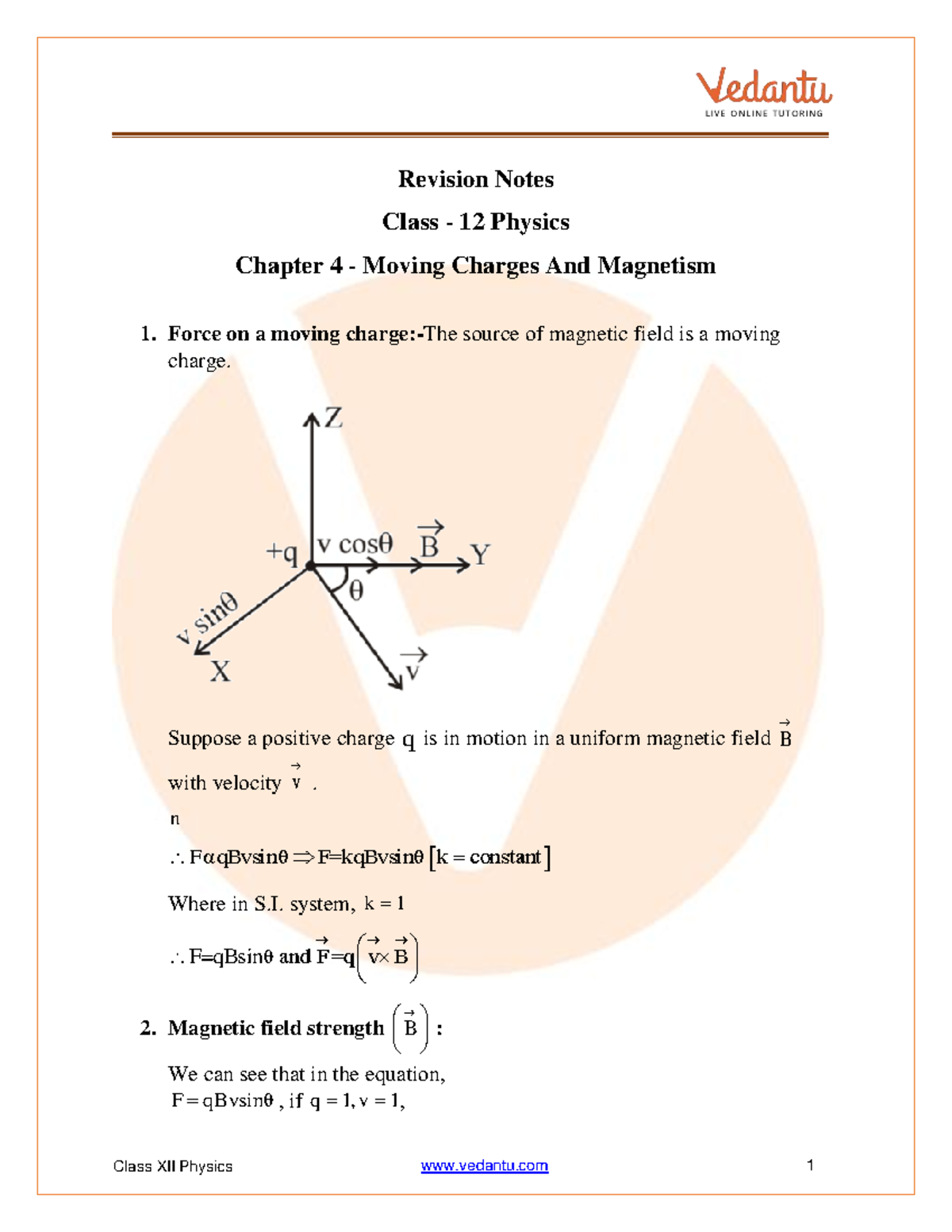Moving Charges and Magnetism Class 12 Physics Revision Notes - Studocu