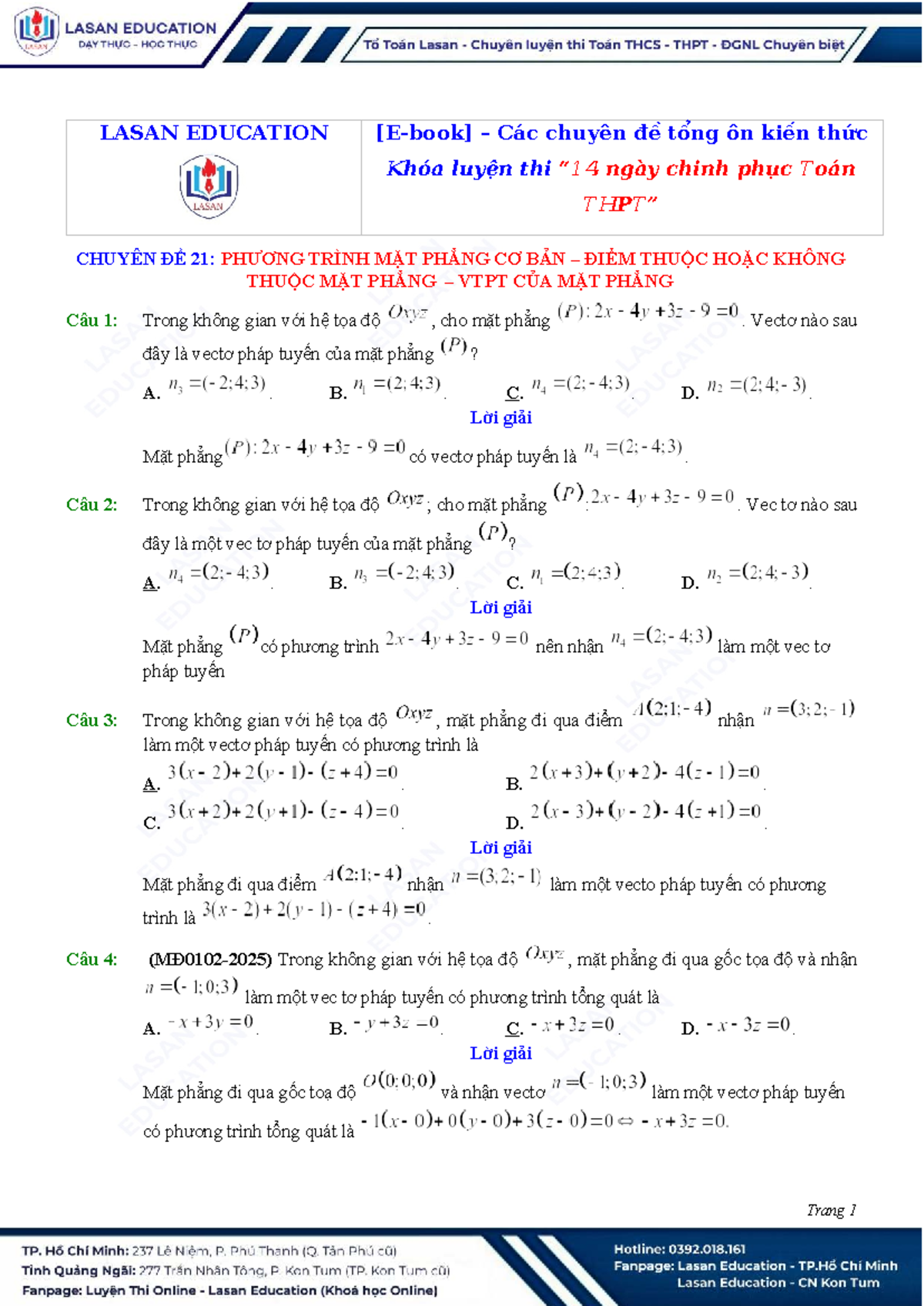 LASAN EDUCATION Chuyên đề 21: Phương trình mặt phẳng cơ bản (CD21 ...