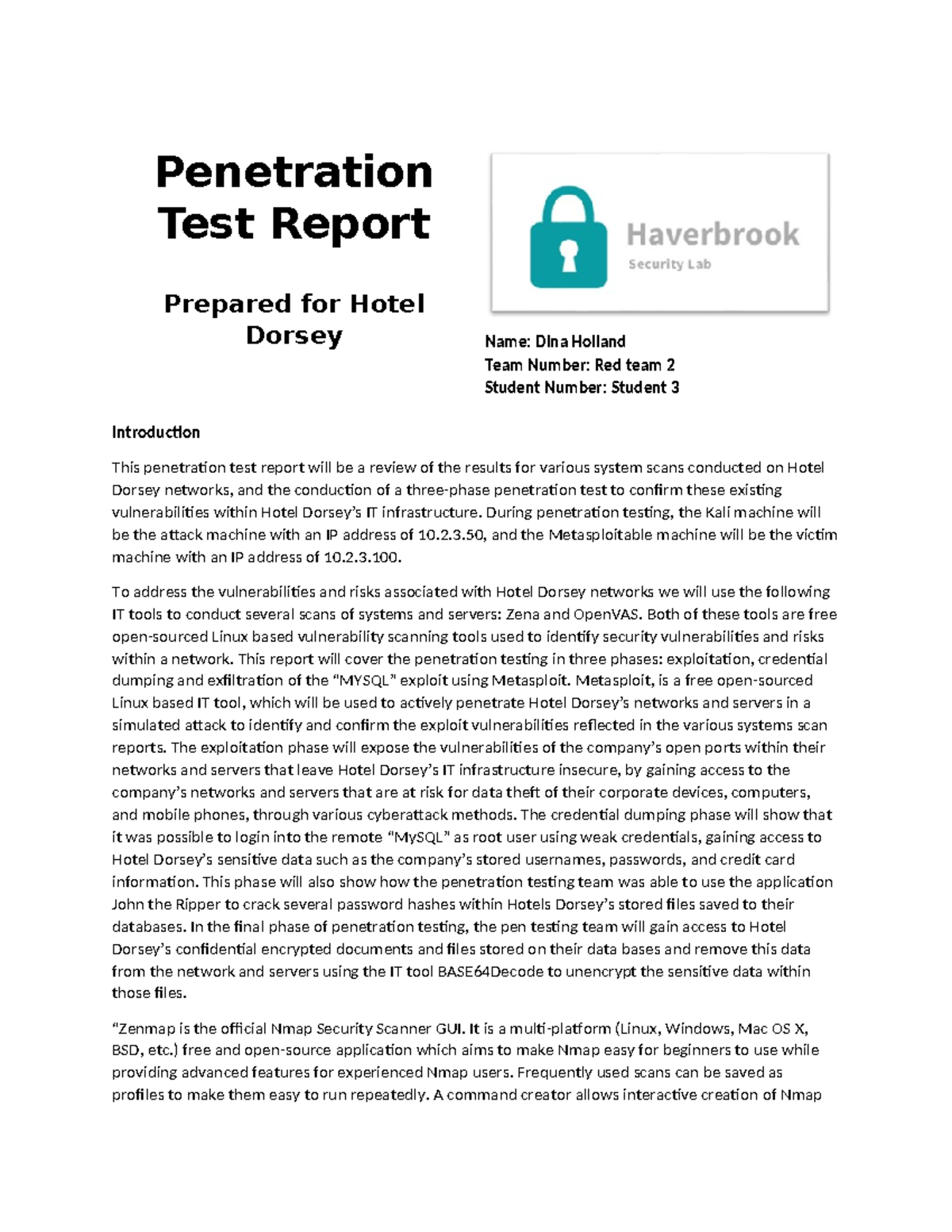 Pen Testing Report for Hotel Dorsey: Project 2 (Team Red 2) - Studocu